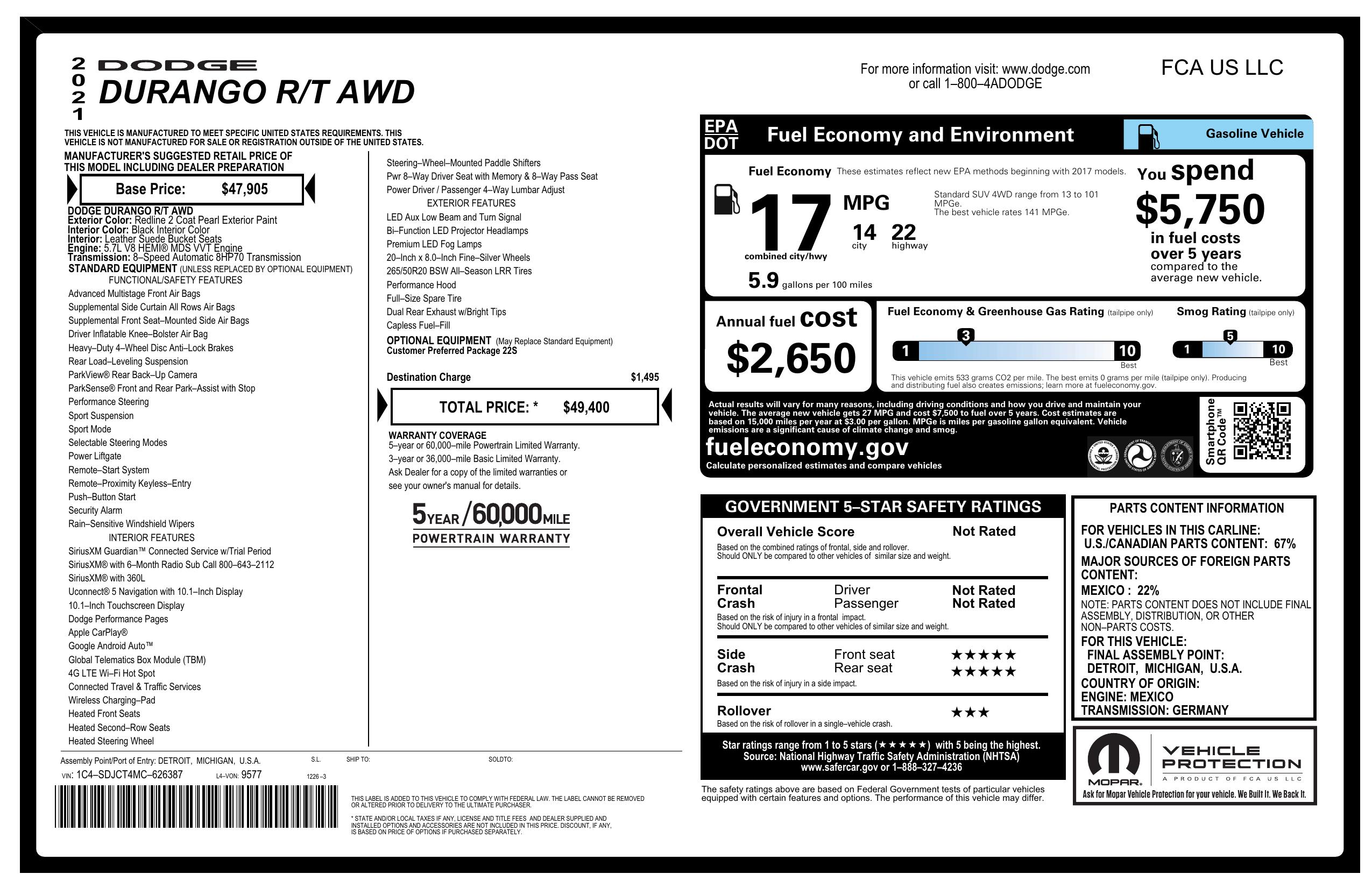 Window Sticker for 2021 Dodge Durango R/T Awd