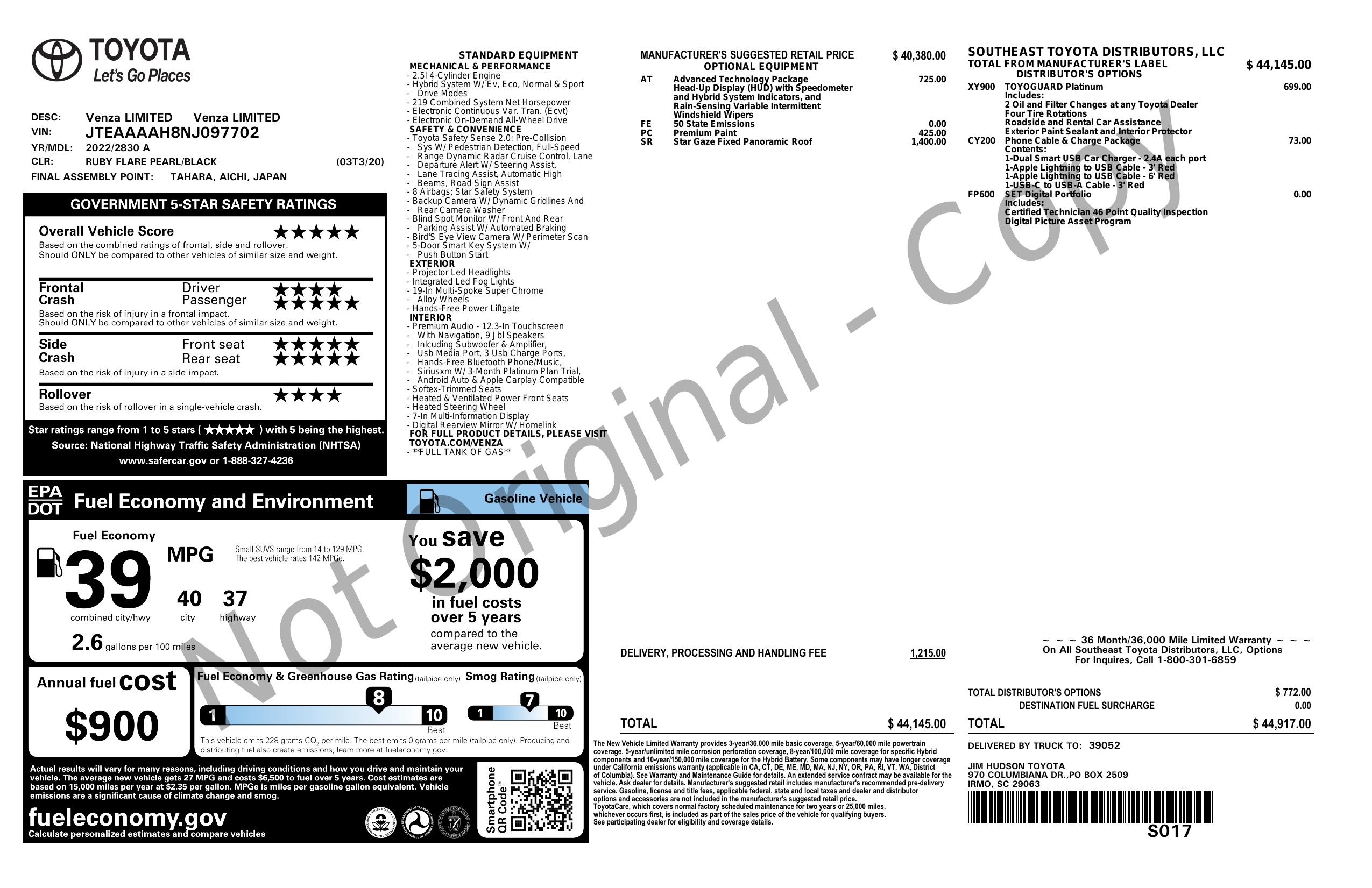 Window Sticker for 2022 Toyota Venza Awd (Natl)