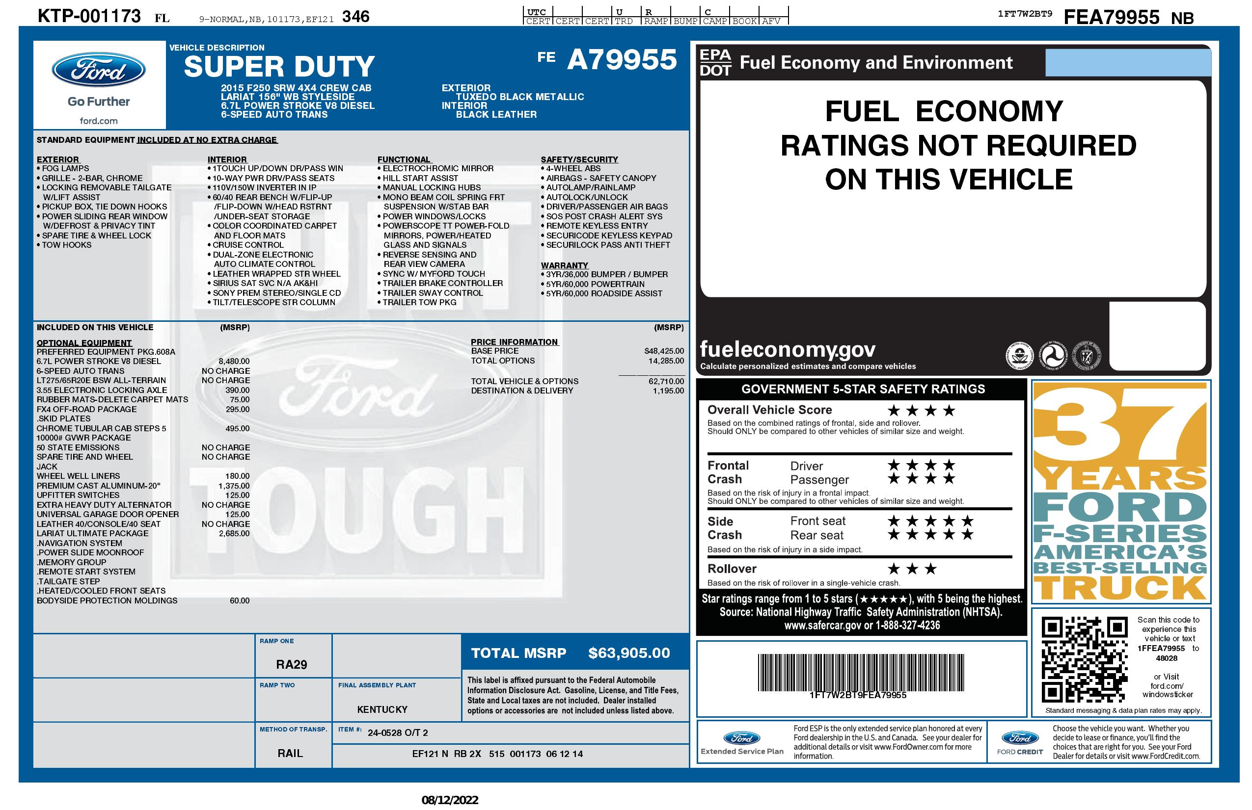 Window Sticker for 2015 Ford Super Duty F 250 Srw 4 Wd Crew Cab