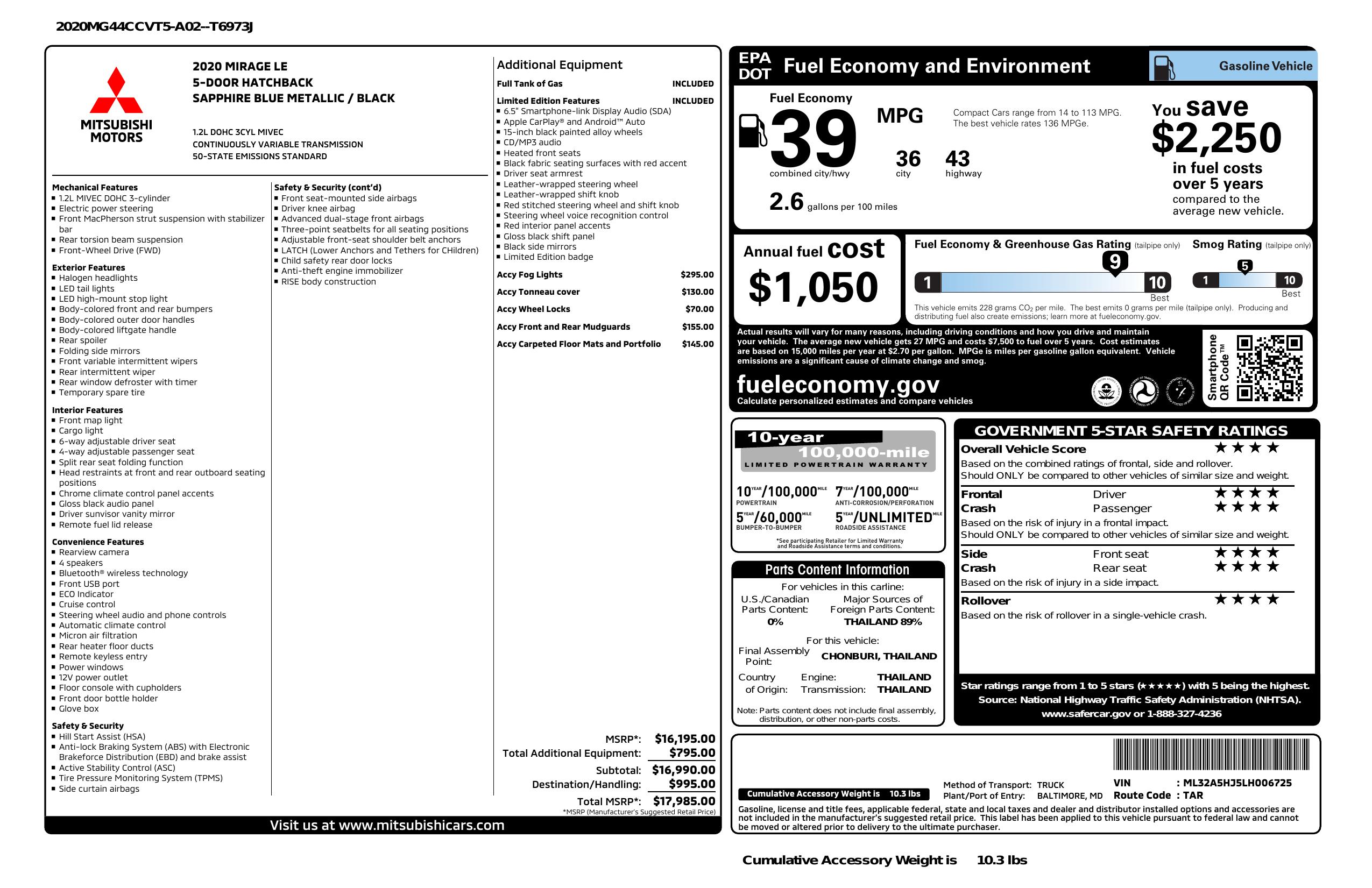 Window Sticker for 2020 Mitsubishi Mirage Cvt