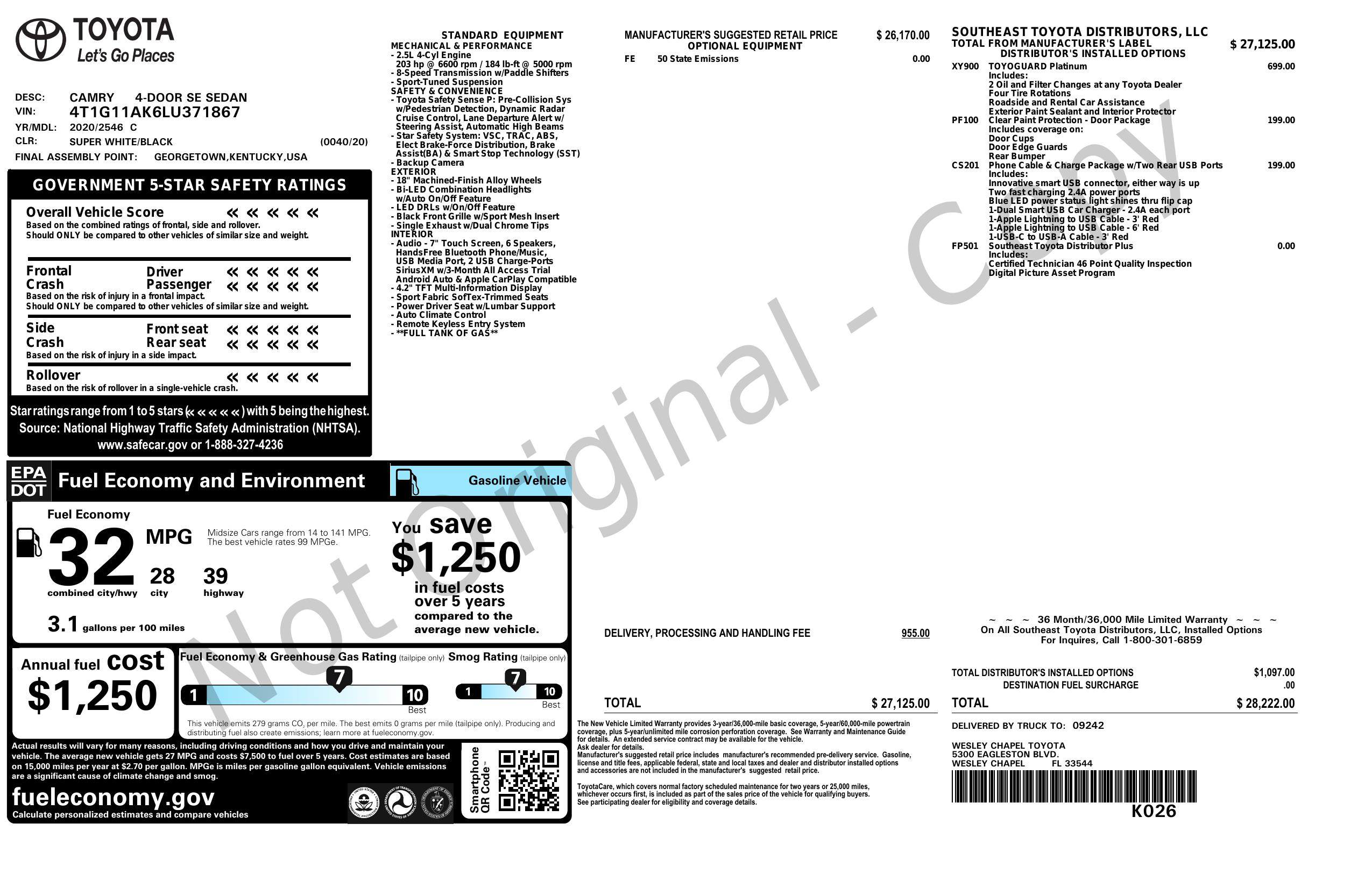 Window Sticker for 2020 Toyota Camry Se Auto (Natl)