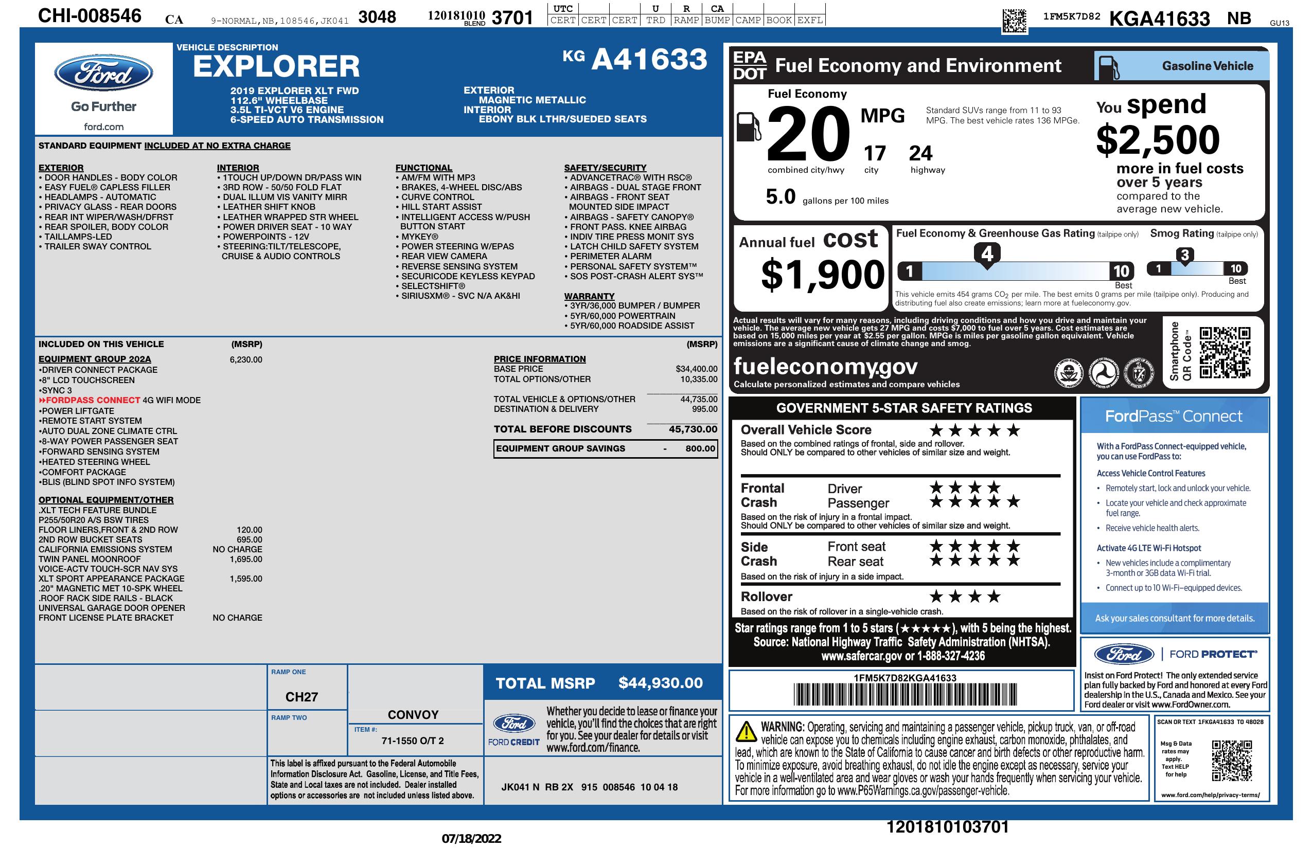 Window Sticker for 2019 Ford Explorer Xlt Fwd