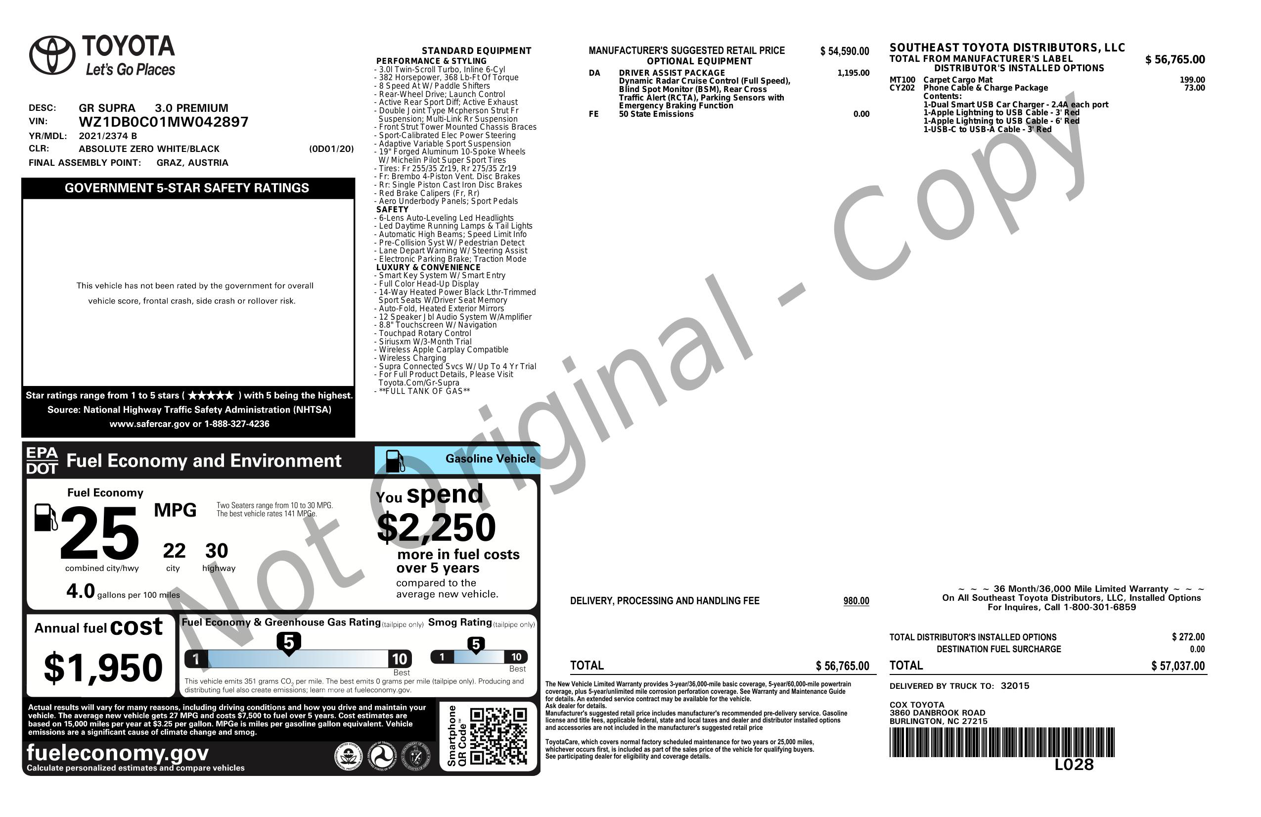 Window Sticker for 2021 Toyota Gr Supra Auto (Natl)