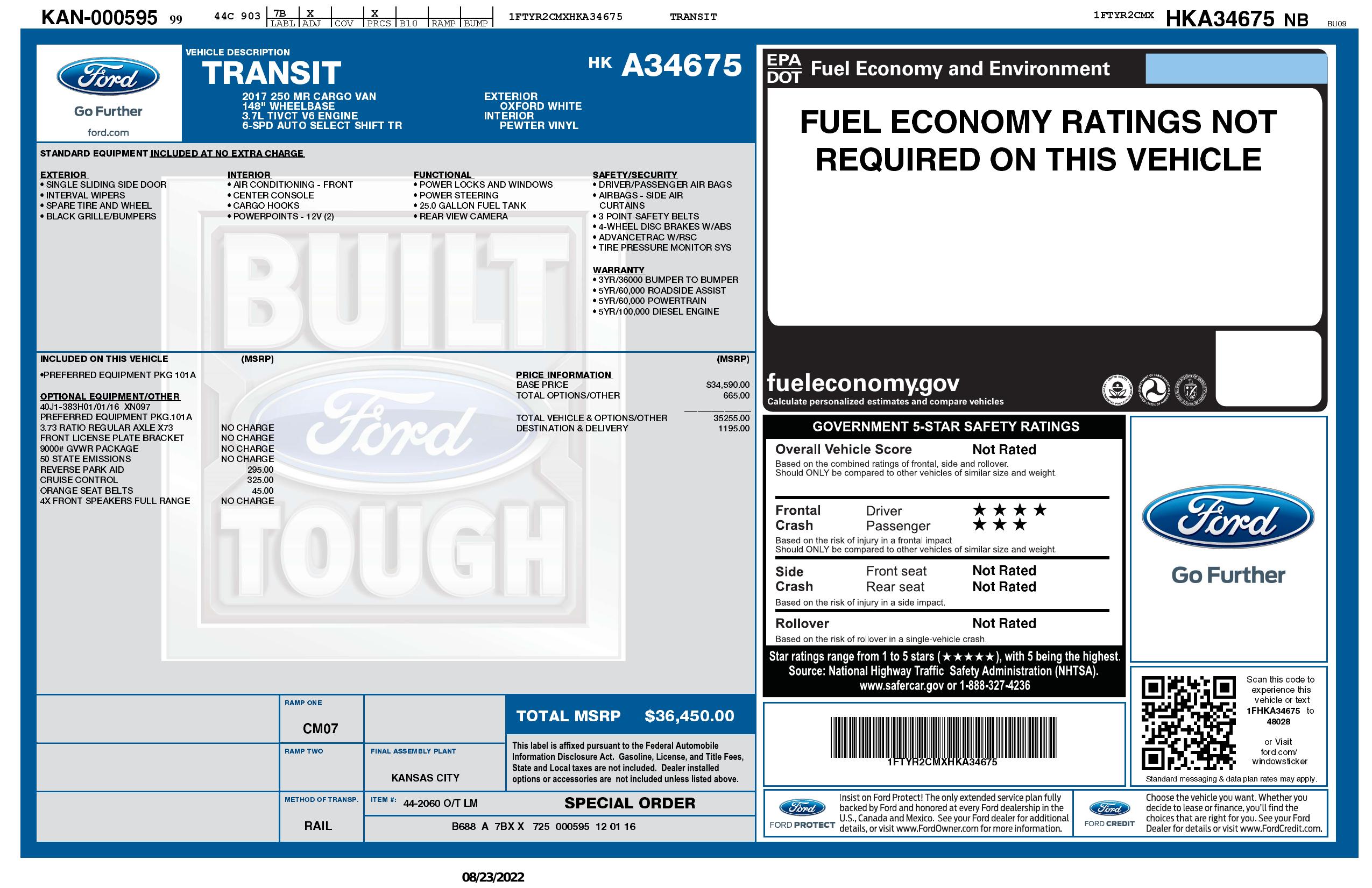 Window Sticker for 2017 Ford Transit Van T 250 148" Med Rf 9000 Gvwr ...