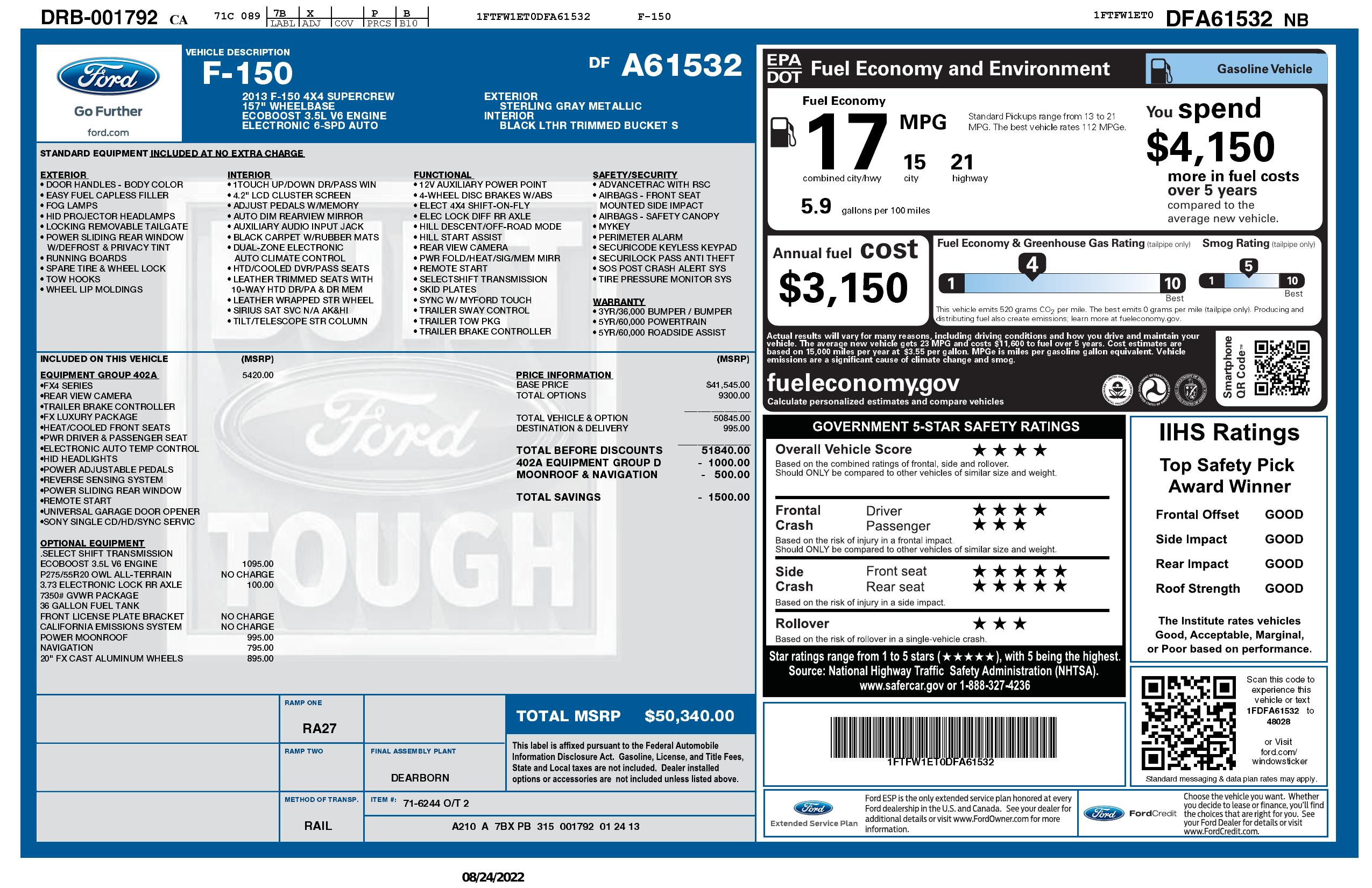 Window Sticker for 2013 Ford F 150 4 Wd Super Crew