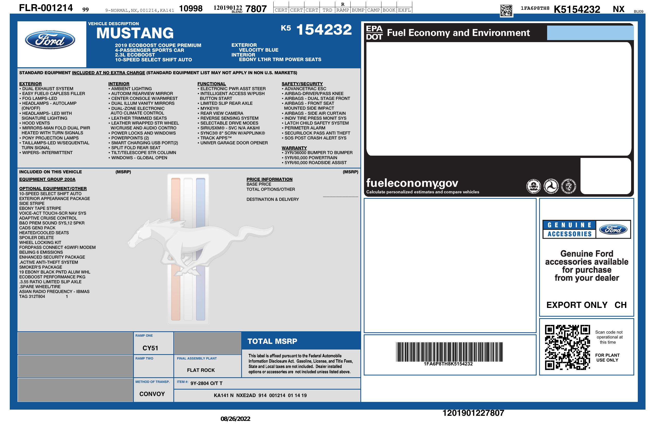 Window Sticker for 2019 Ford Mustang Eco Boost Fastback