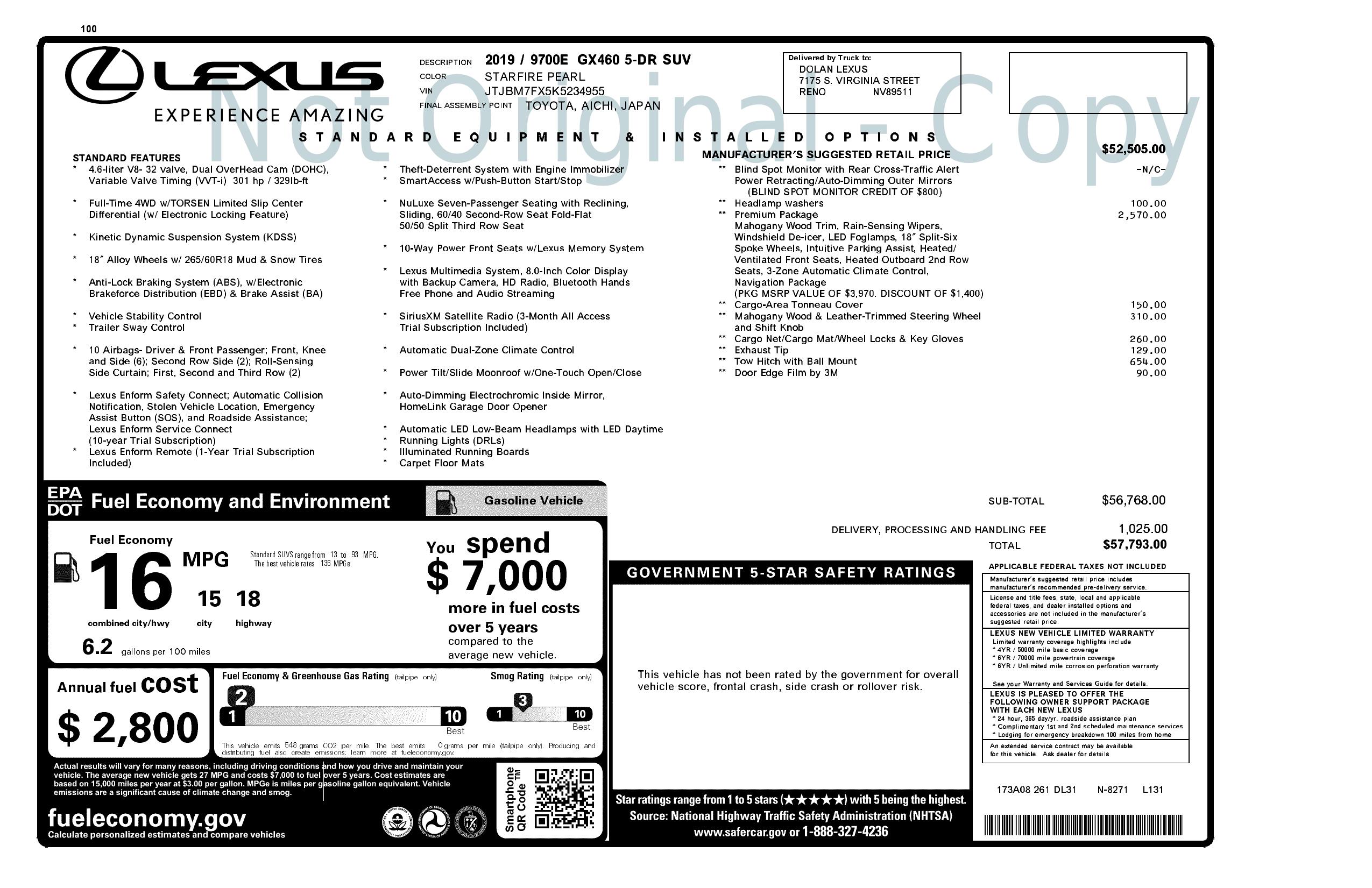 Window Sticker for 2019 Lexus Gx 460 4 Wd