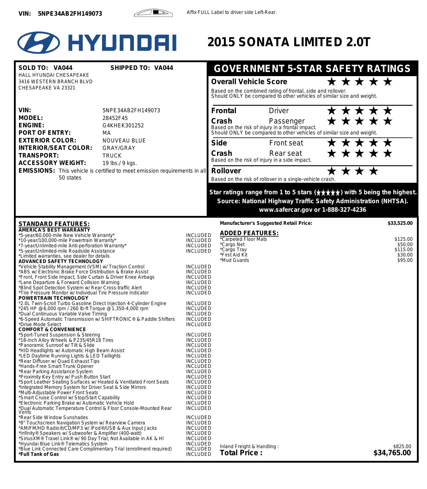 Window Sticker for 2015 Hyundai Sonata 4dr Sdn 2.0 T Limited