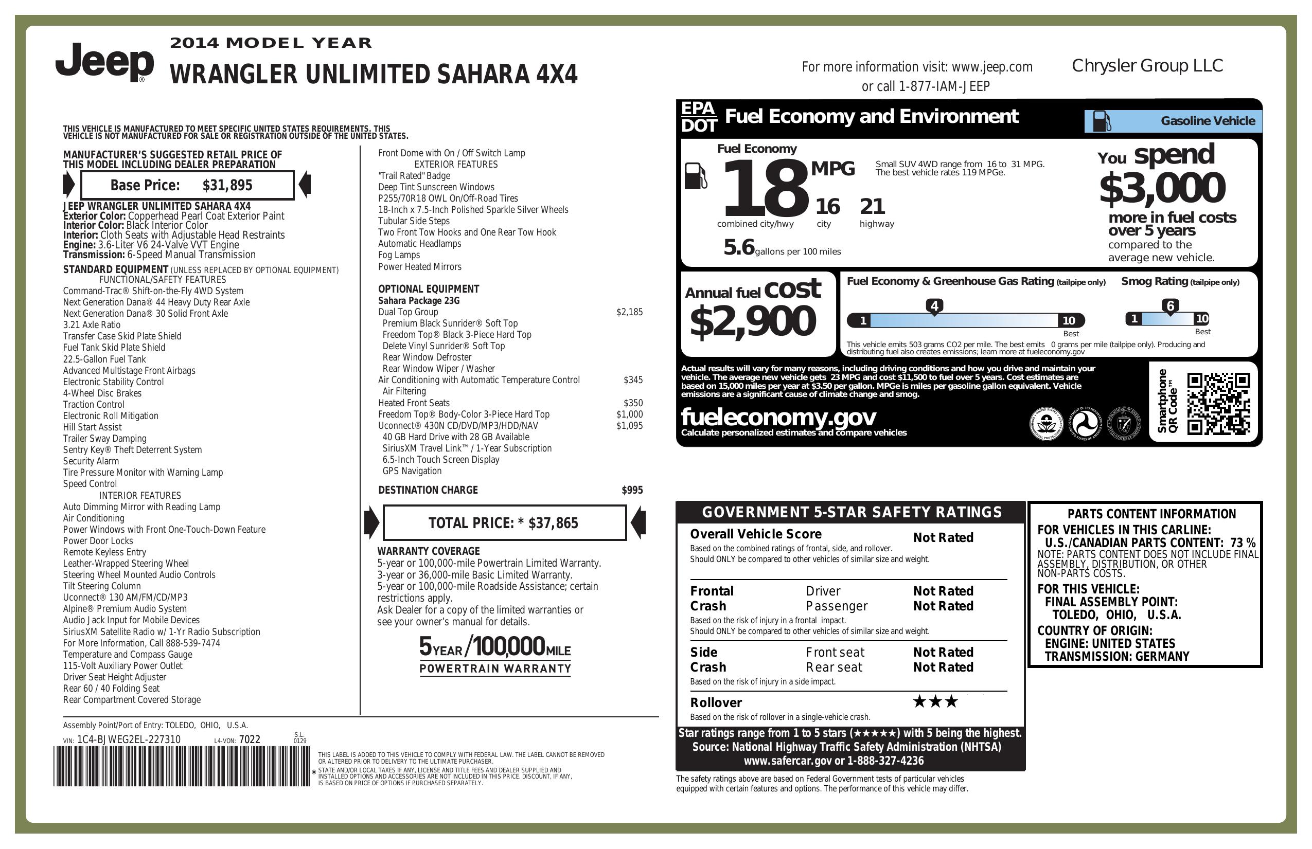 Window Sticker for 2014 Jeep Wrangler Unlimited 4 Wd 4dr Sahara