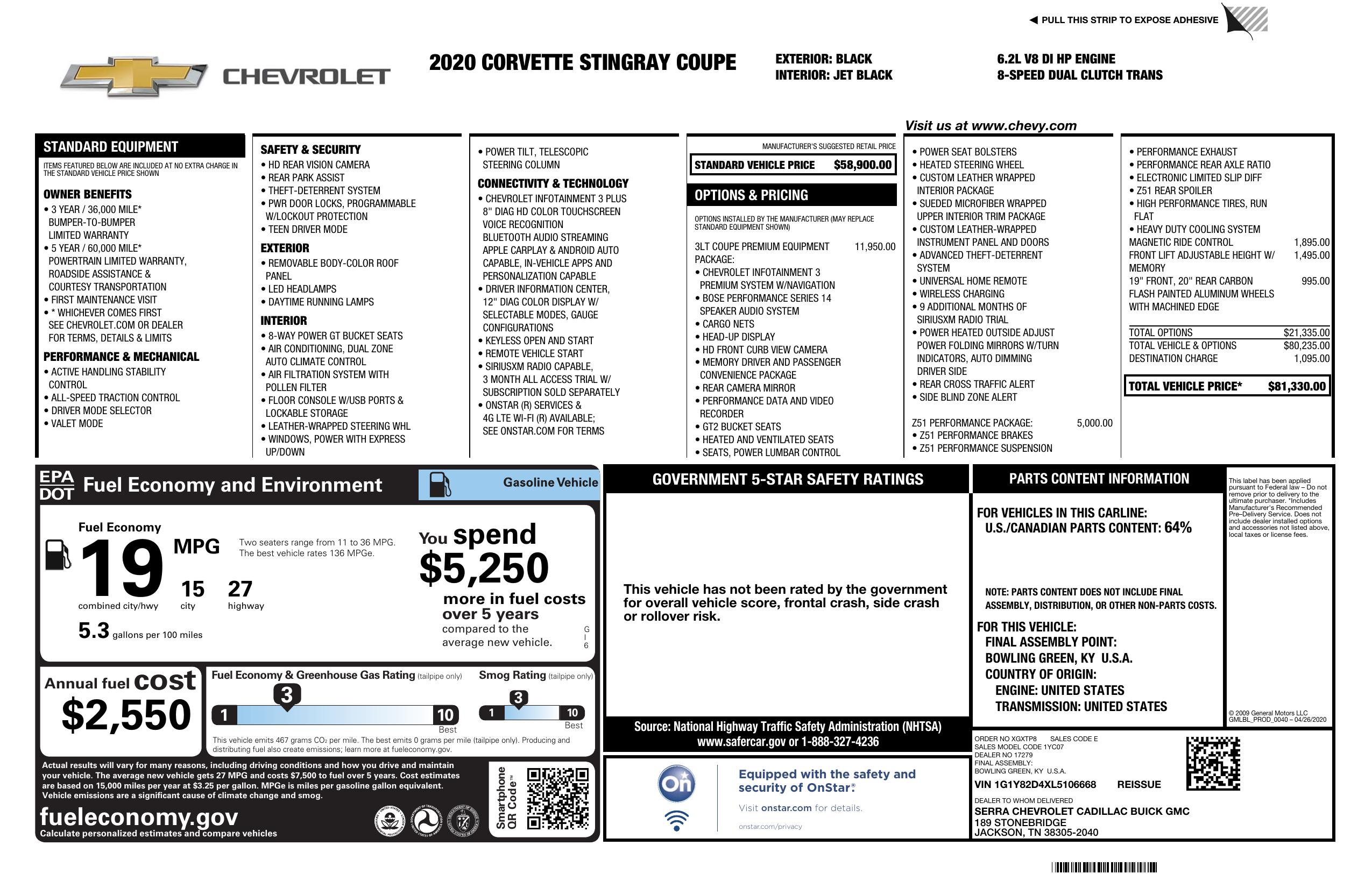 Window Sticker for 2020 Chevrolet Corvette 2dr Stingray Cpe W/3 Lt