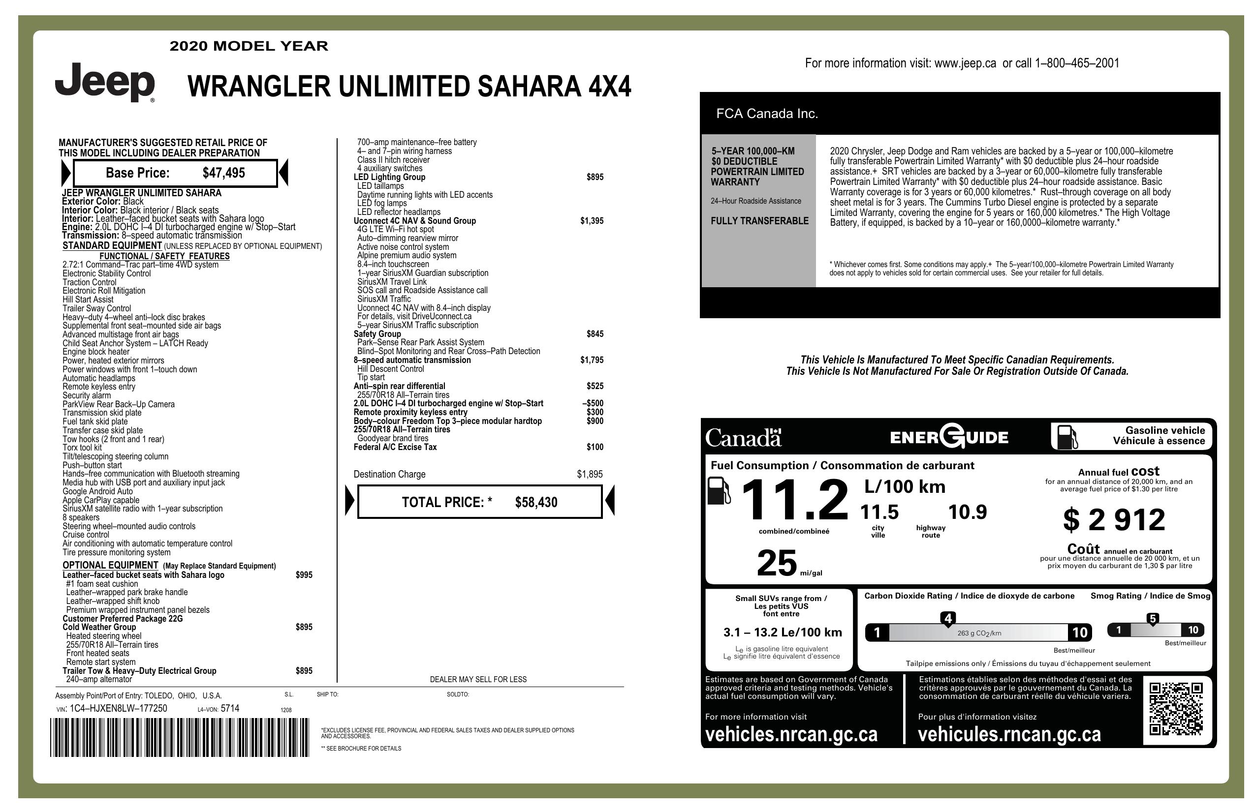 Window Sticker for 2020 Jeep Wrangler Unlimited Sahara 4x4