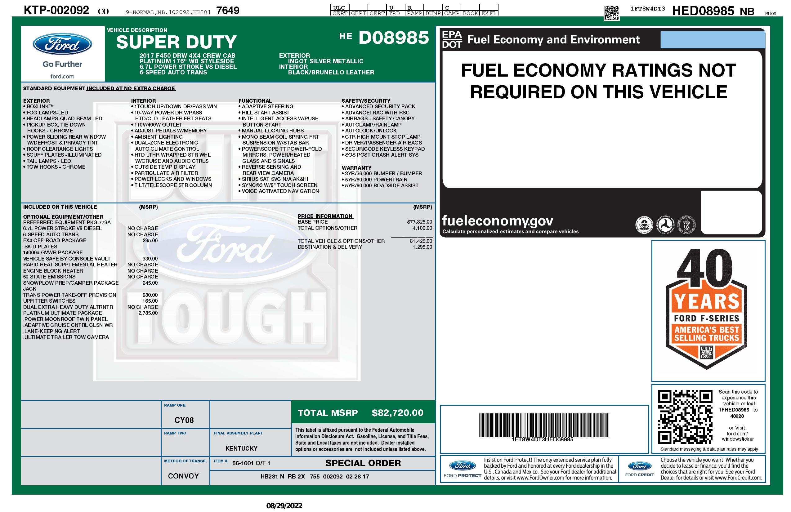 Window Sticker for 2017 Ford Super Duty F 450 Drw 4 Wd Crew Cab 8' Box