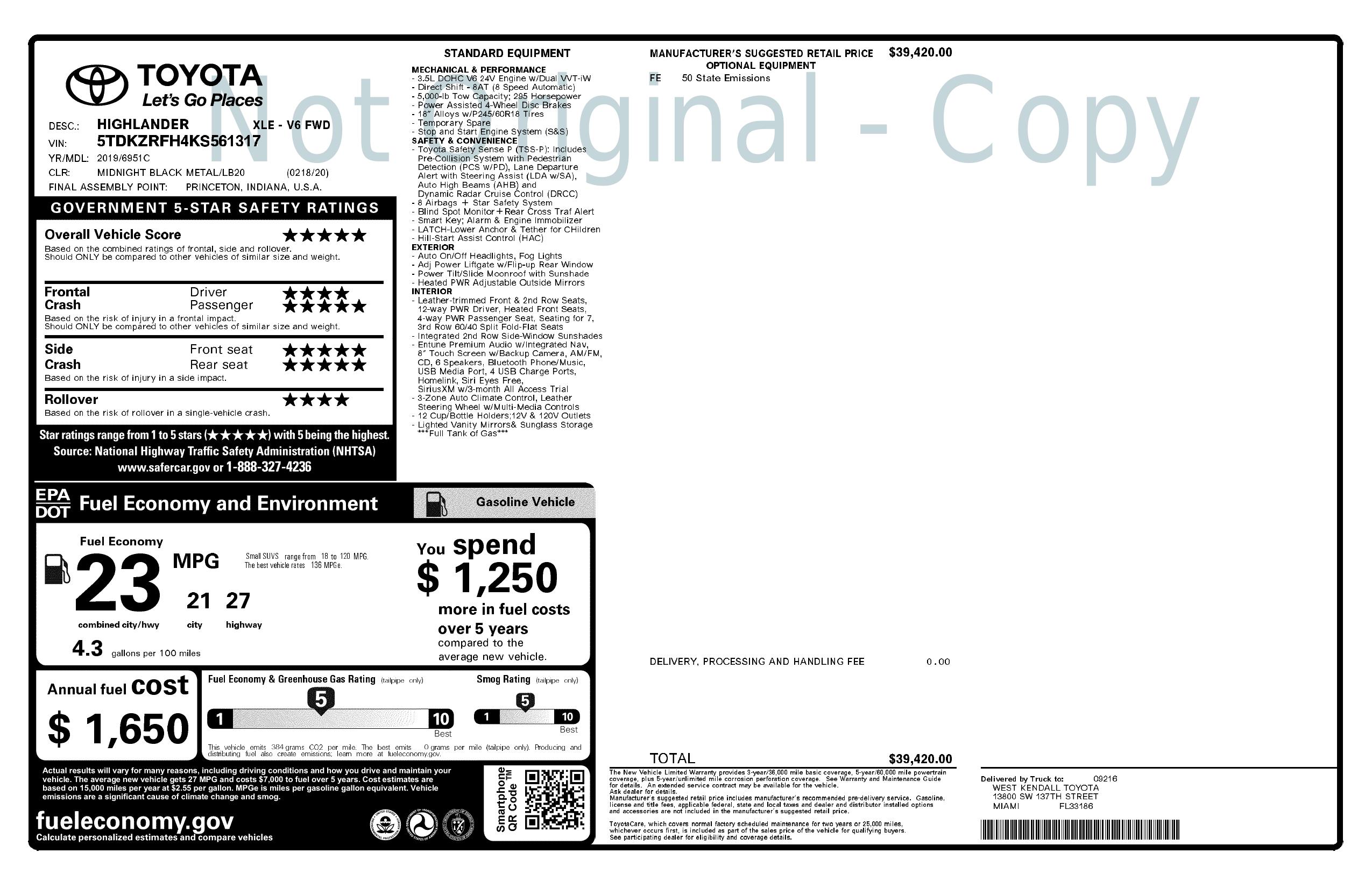Window Sticker for 2019 Toyota Highlander V6 Fwd (Natl)
