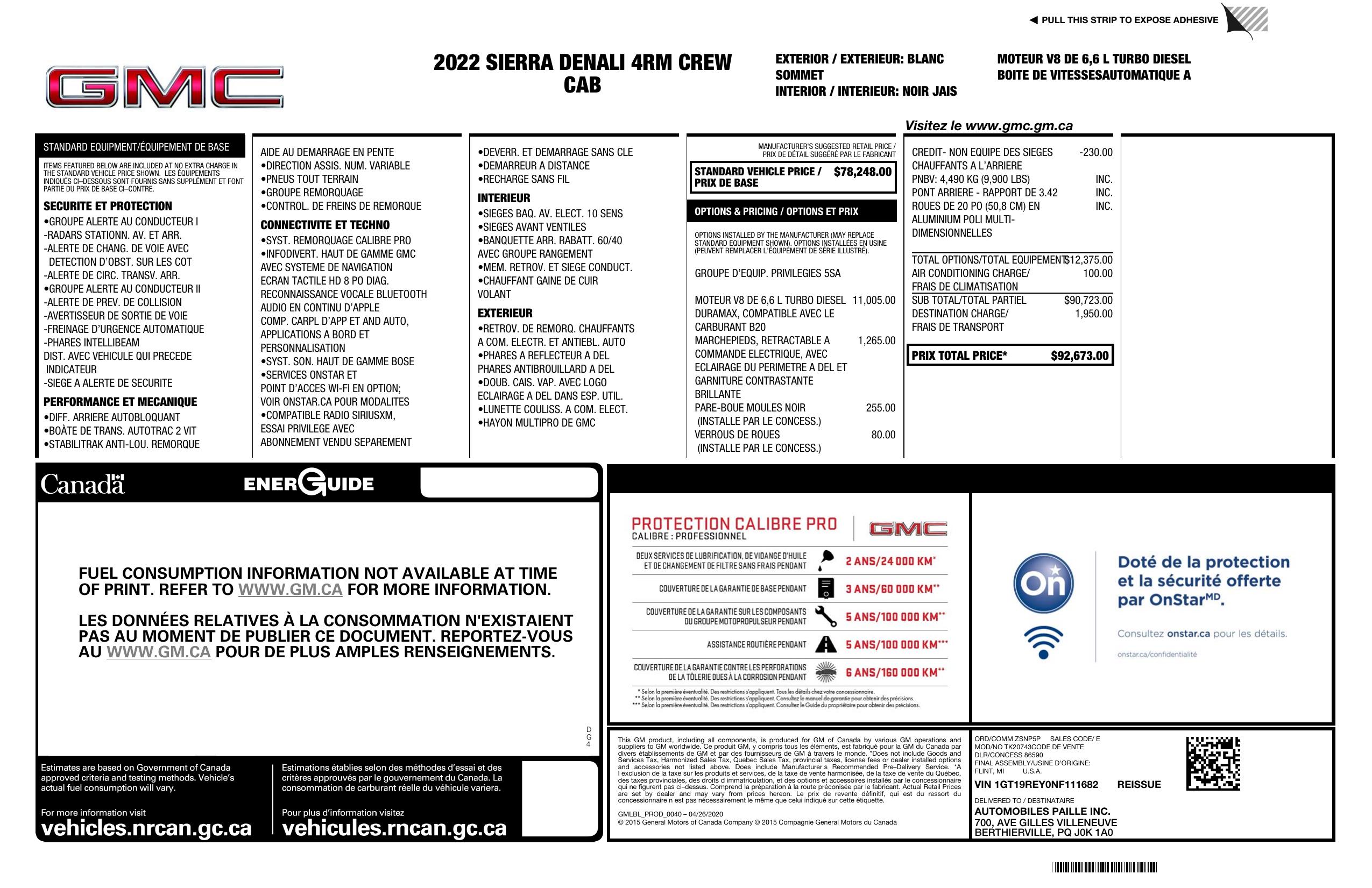 Window Sticker for 2022 GMC Sierra 2500 Hd 4 Wd Crew Cab Denali