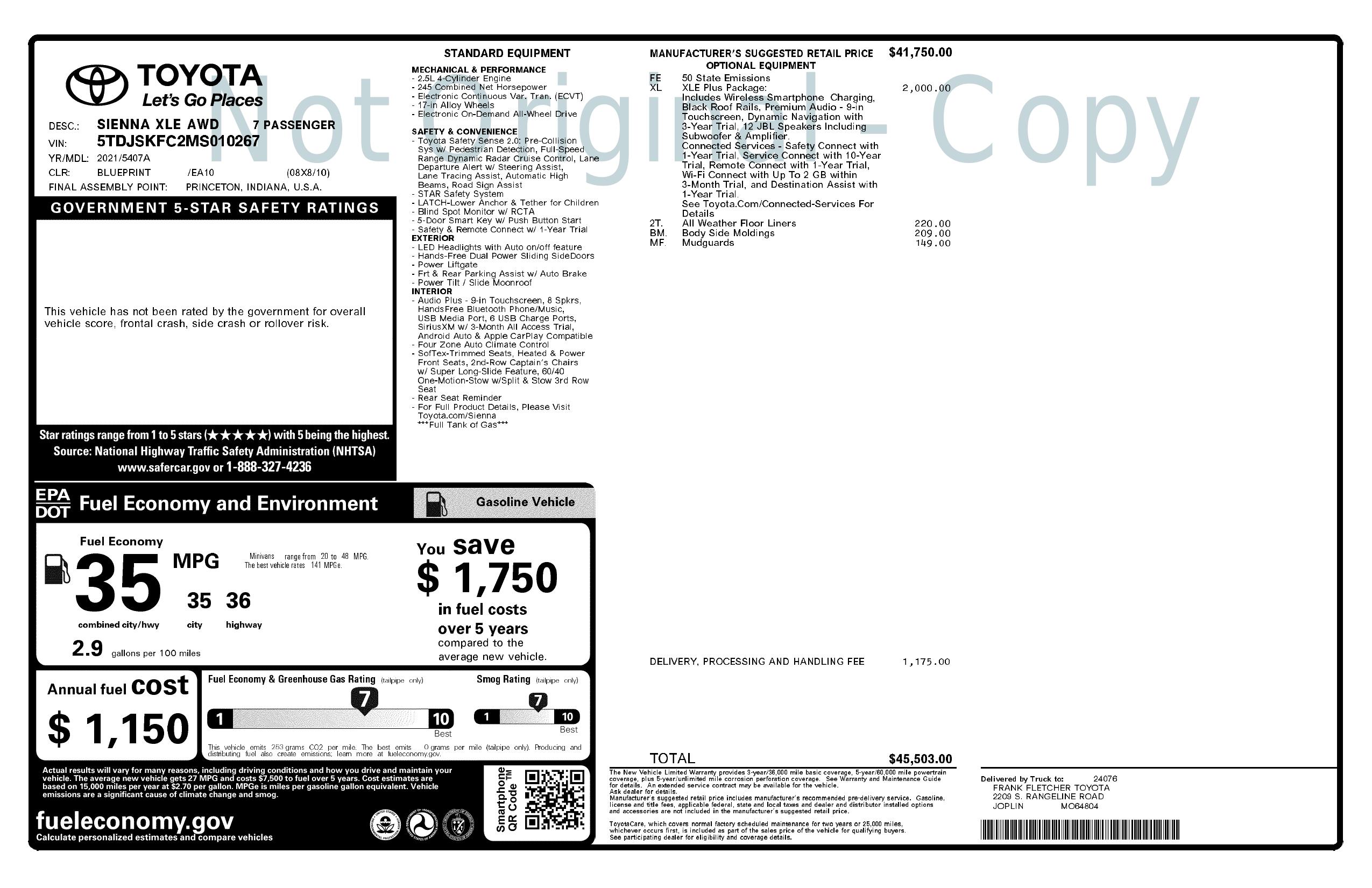 Window Sticker for 2021 Toyota Sienna Xle Awd 7 Passenger (Natl)
