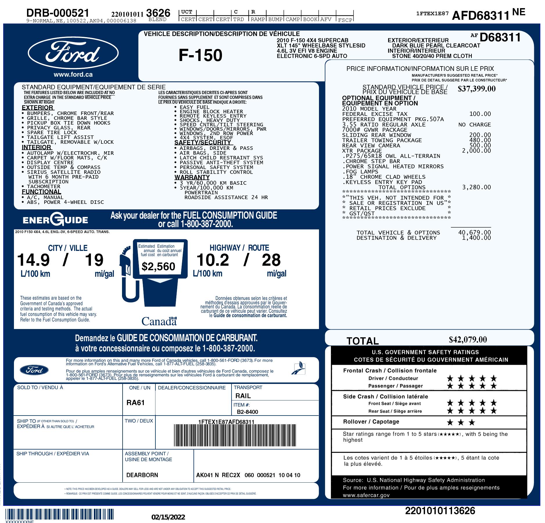 Window Sticker for 2010 Ford F 150 4 Wd Super Cab 145"