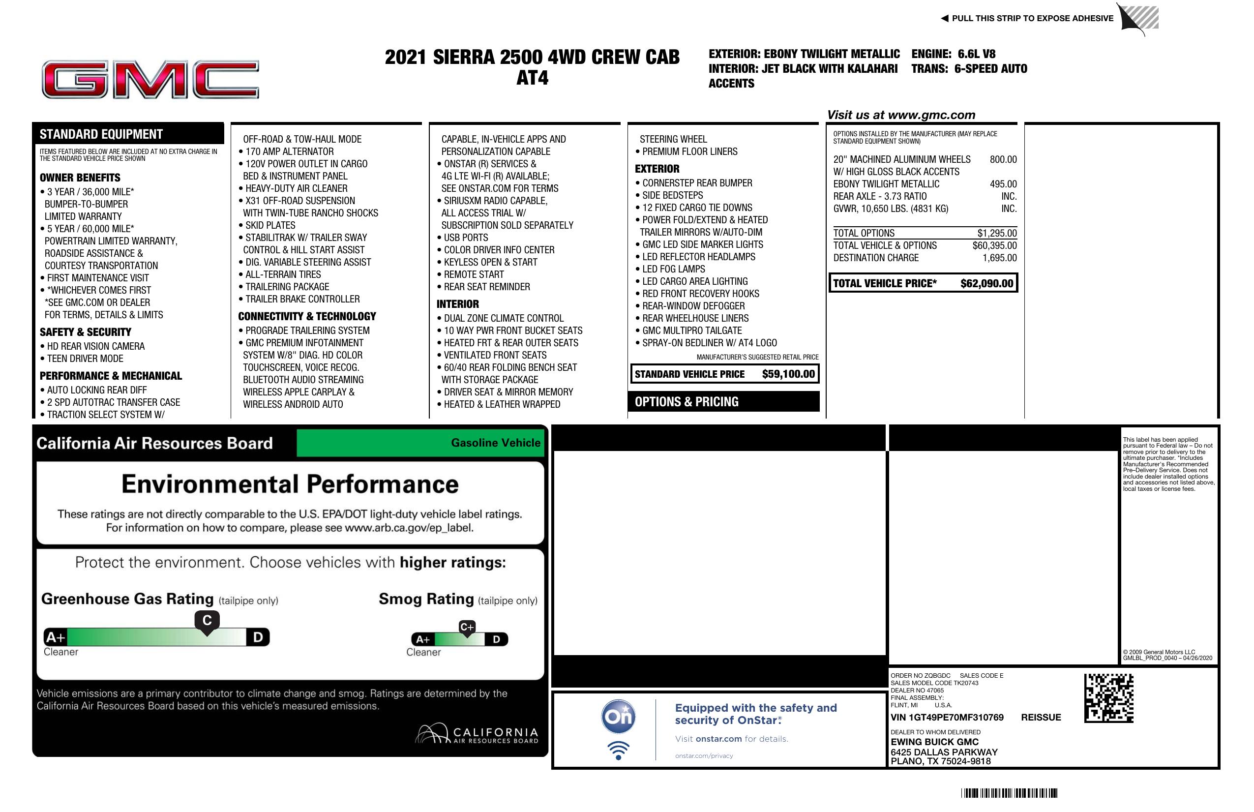 Window Sticker for 2021 GMC Sierra 2500 Hd 4 Wd Crew Cab 159" At4