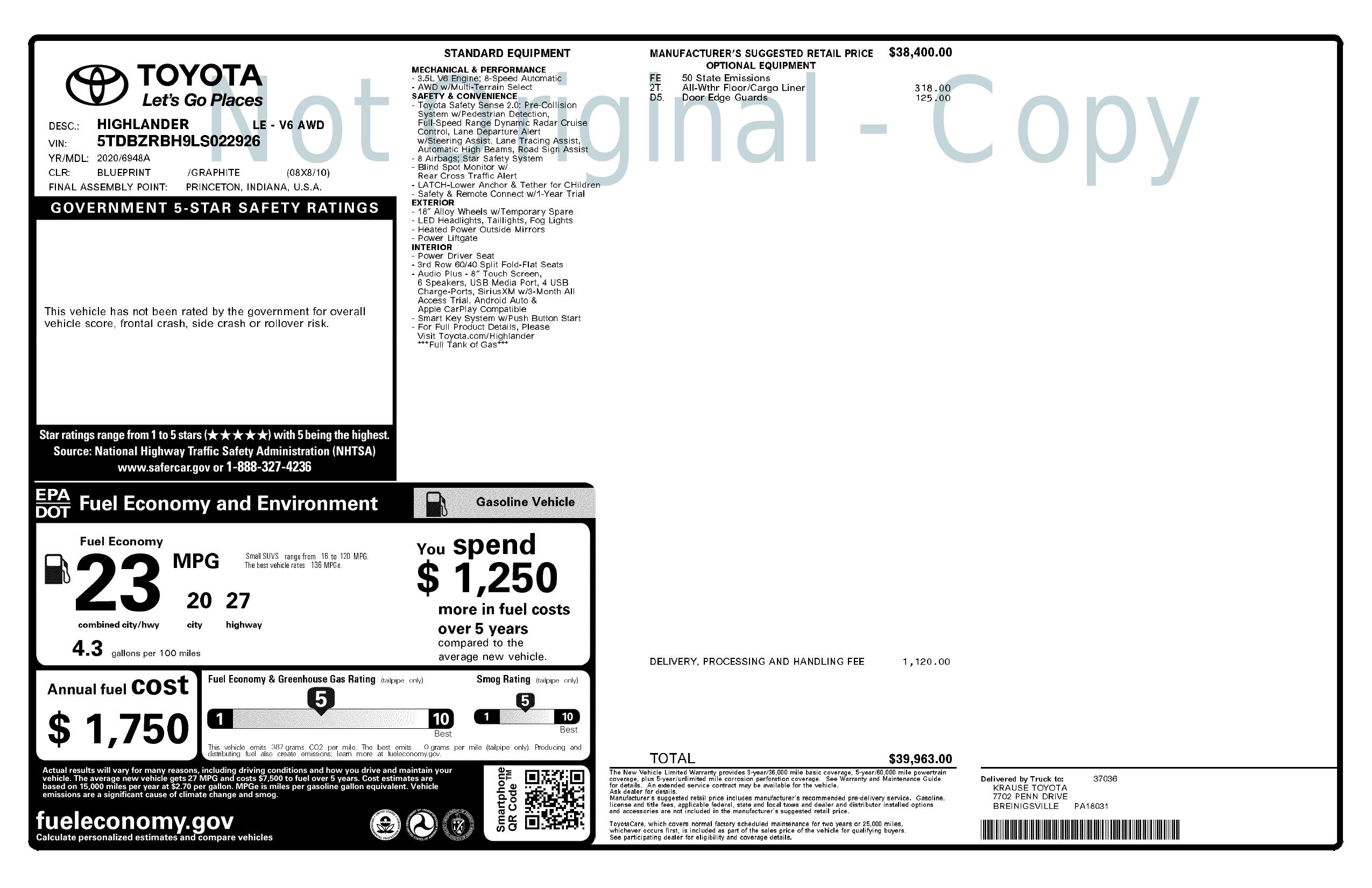 Window Sticker for 2020 Toyota Highlander Awd (Natl)