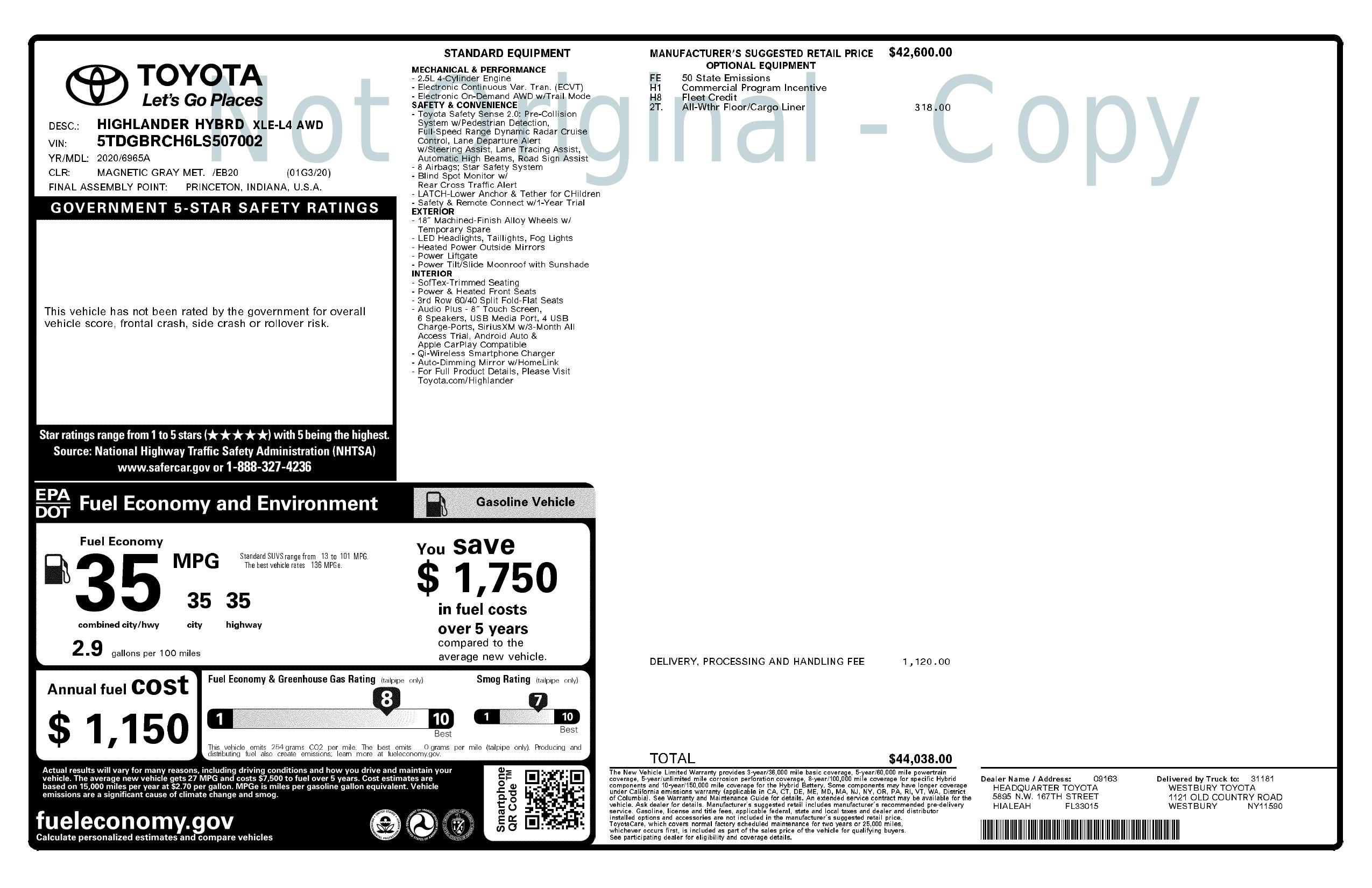 Window Sticker for 2020 Toyota Highlander Hybrid Xle Awd (Natl)