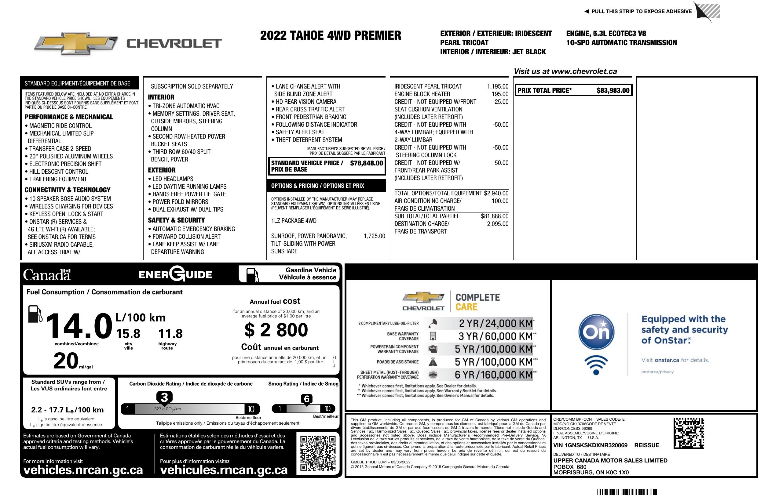 Window Sticker for 2022 Chevrolet Tahoe 4 Wd 4dr Premier
