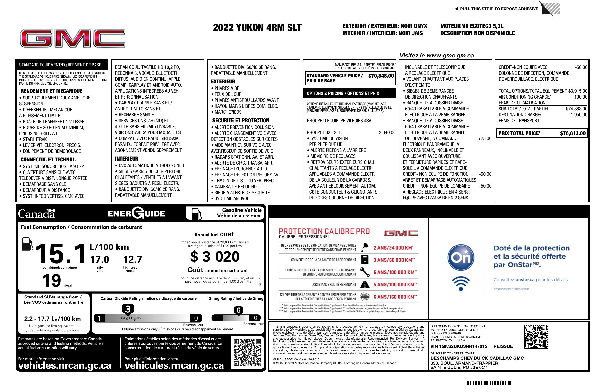 Window Sticker for 2022 GMC Yukon 4 Wd 4dr Slt