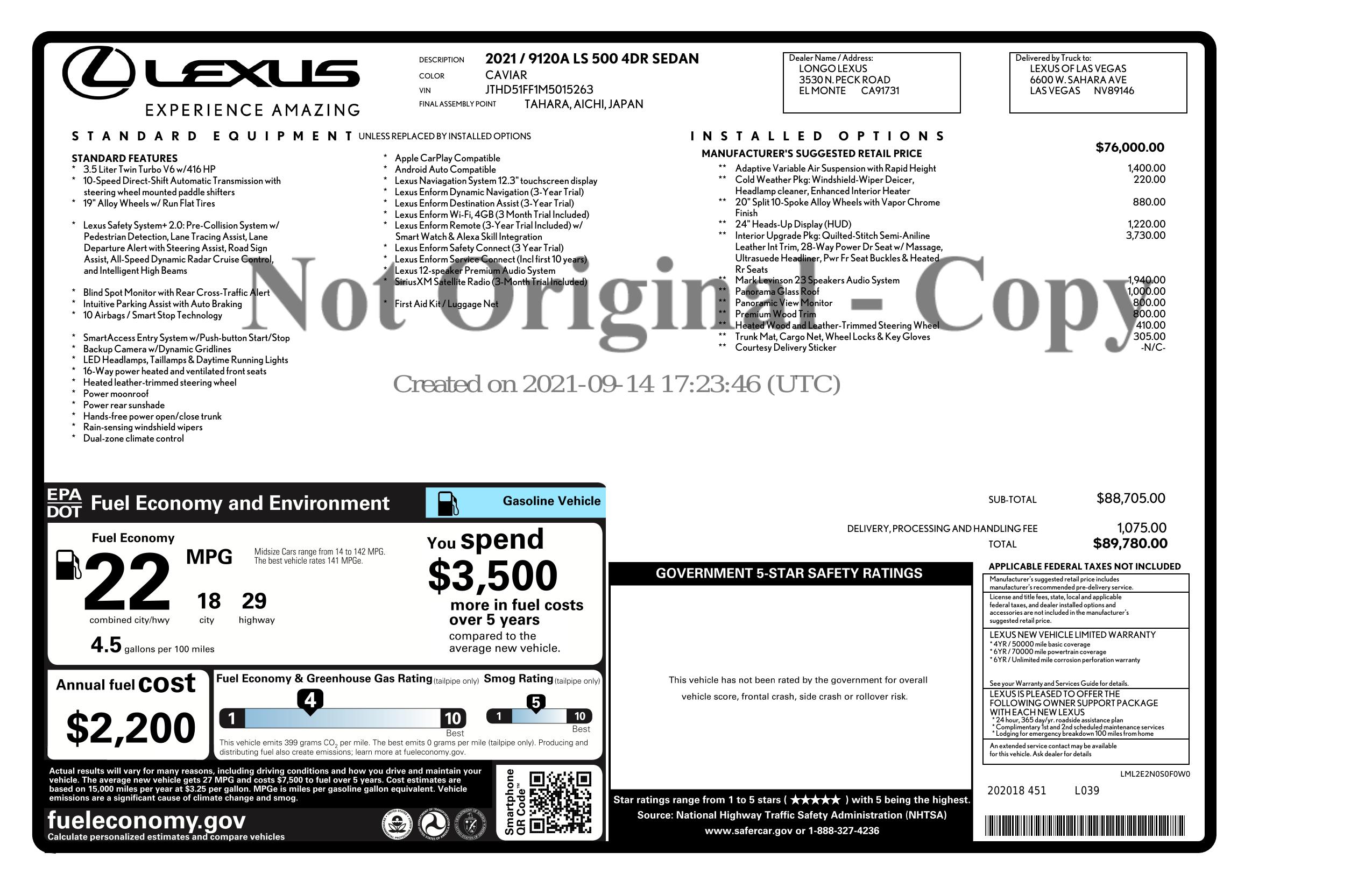 Window Sticker for 2021 Lexus Ls Ls 500 Rwd