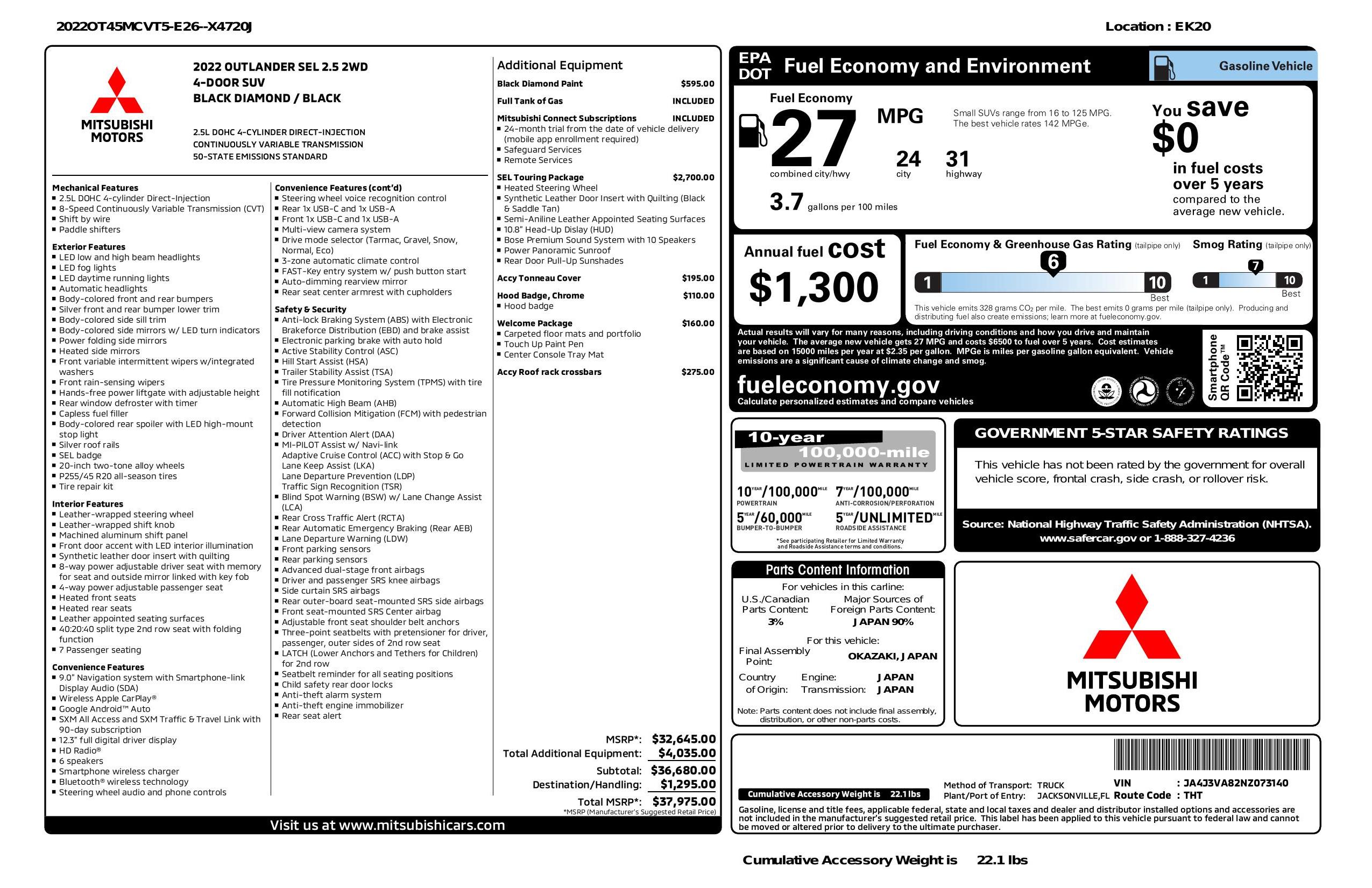 Window Sticker for 2022 Mitsubishi Outlander Sel Fwd