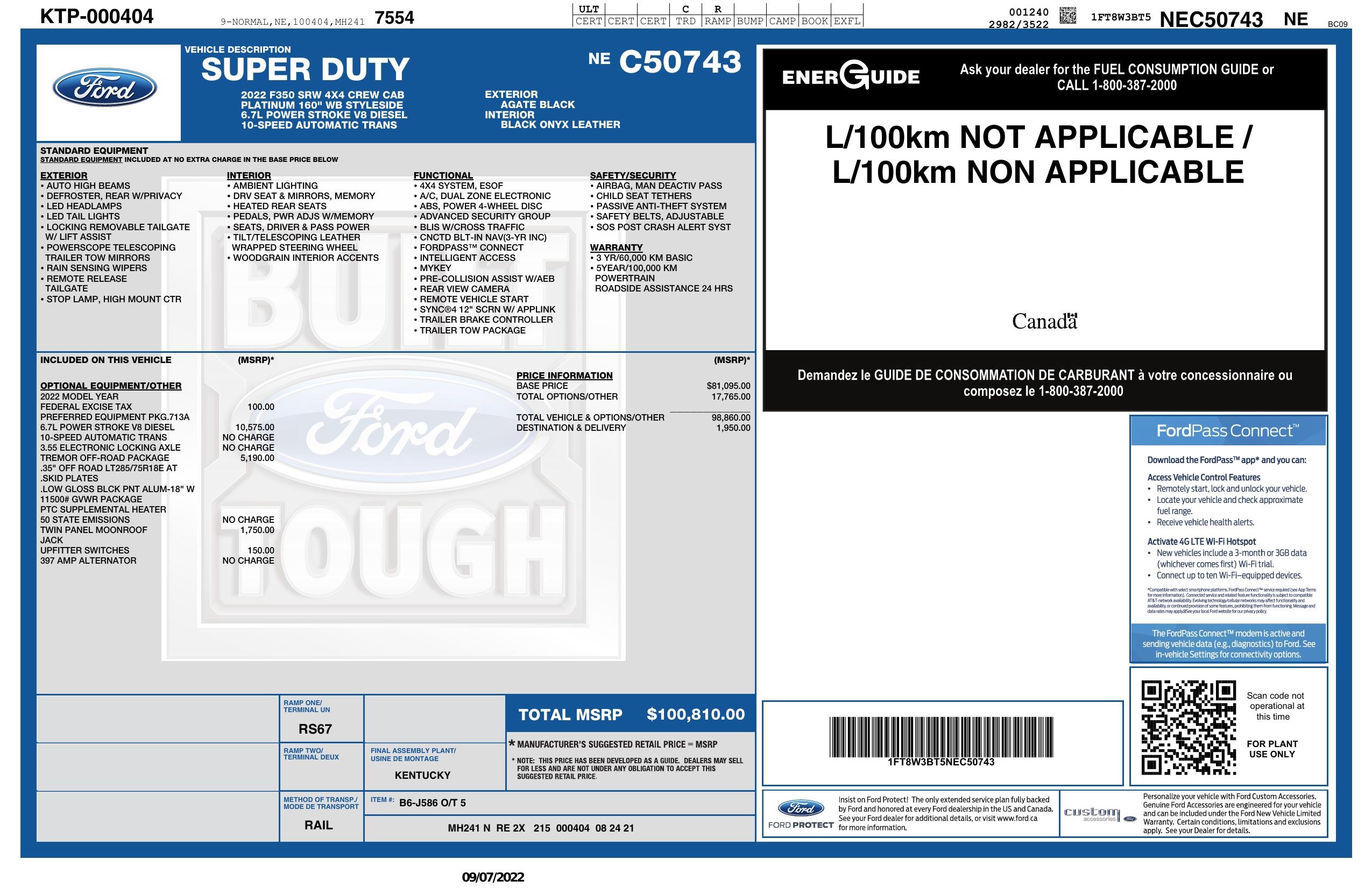 Window Sticker for 2022 Ford Super Duty F 350 Srw 4 Wd Crew Cab Box