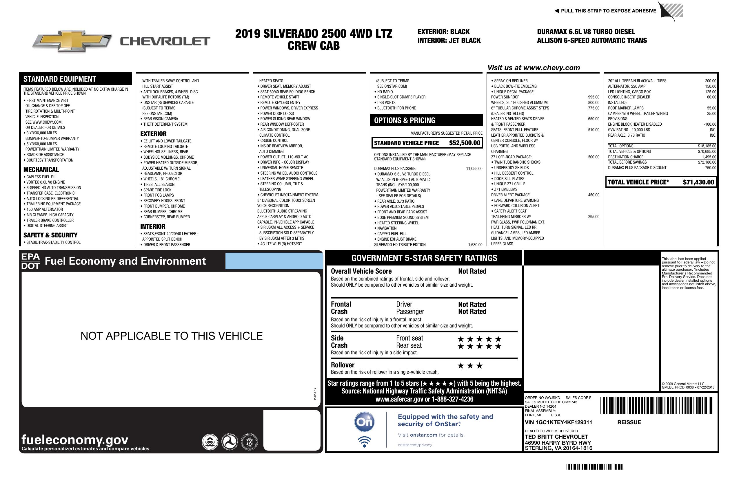 Window Sticker for 2019 Chevrolet Silverado 2500 Hd 4 Wd Crew Cab 153.7 ...