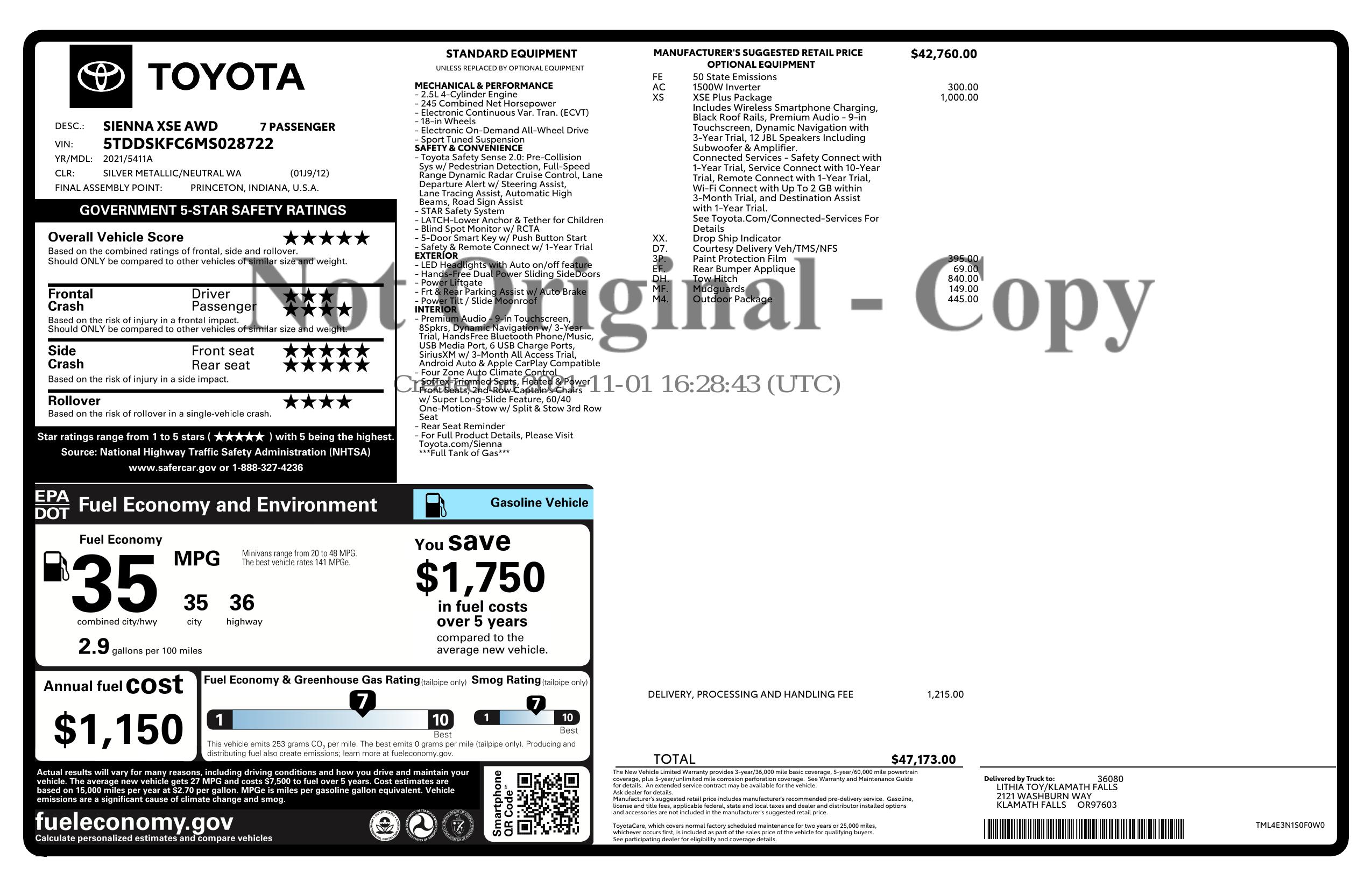 Window Sticker for 2021 Toyota Sienna Xse Awd 7 Passenger (Natl)