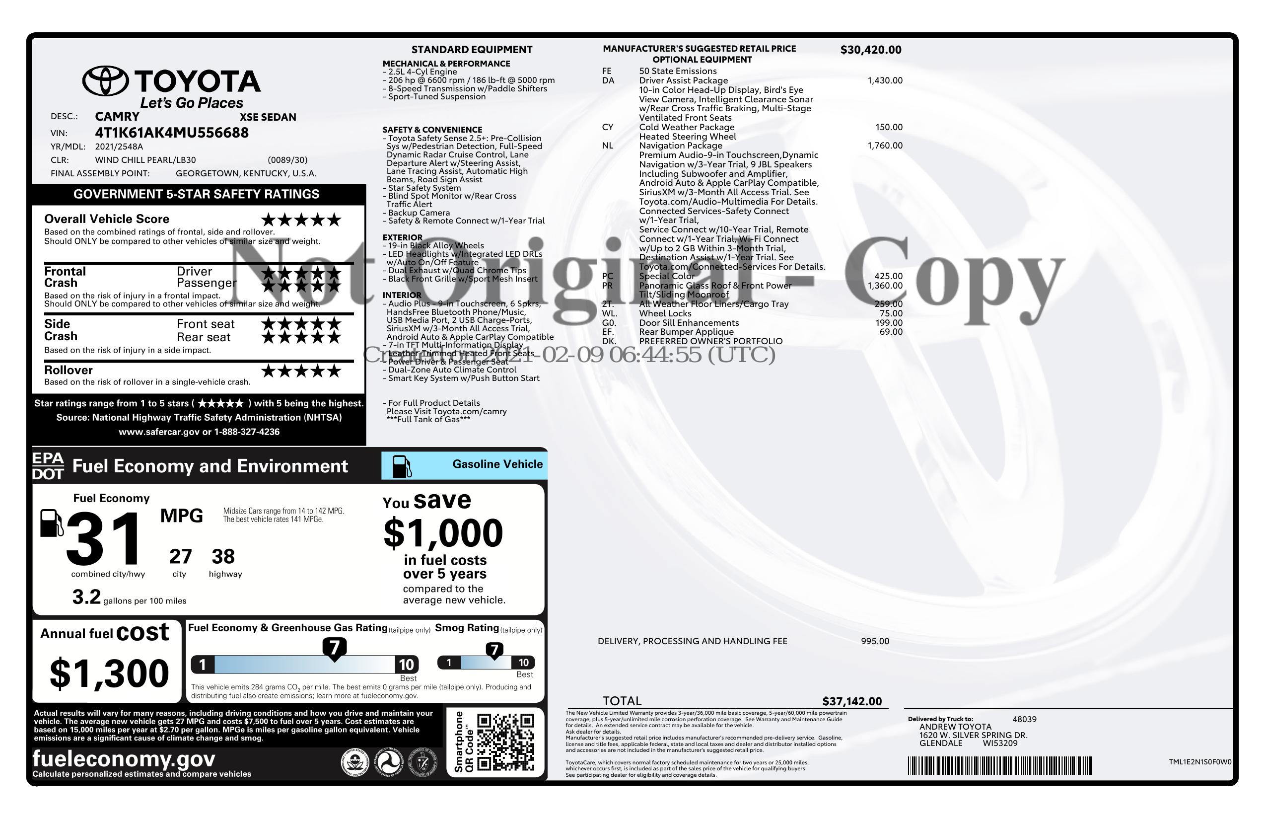 Window Sticker for 2021 Toyota Camry Xse Auto (Natl)