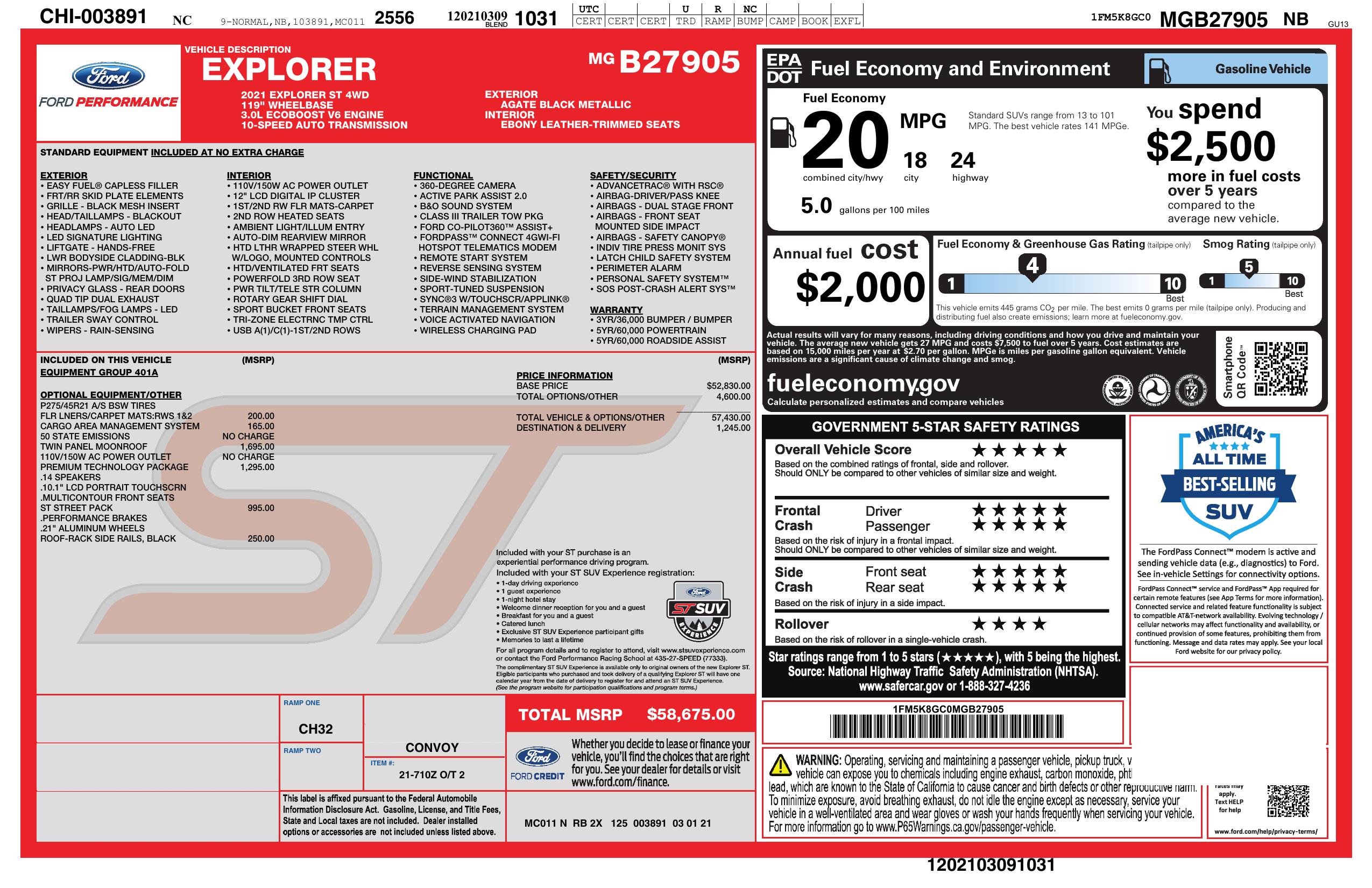 Window Sticker for 2021 Ford Explorer St 4 Wd