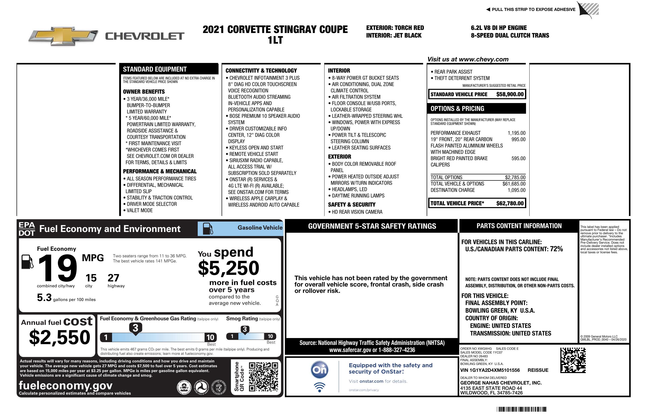 Window Sticker for 2021 Chevrolet Corvette 2dr Stingray Cpe W/1 Lt