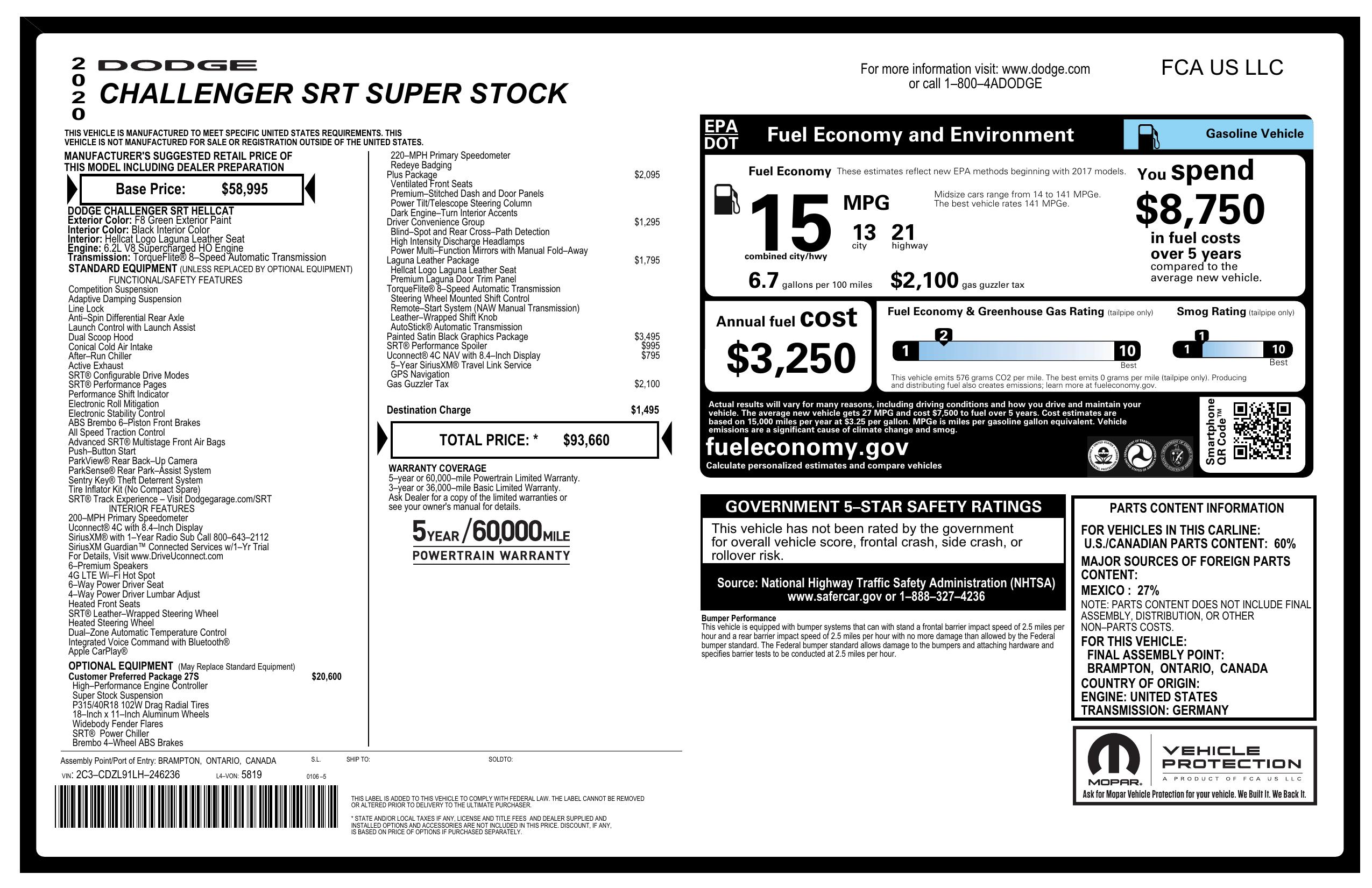 Window Sticker for 2020 Dodge Challenger Srt Super Stock Rwd