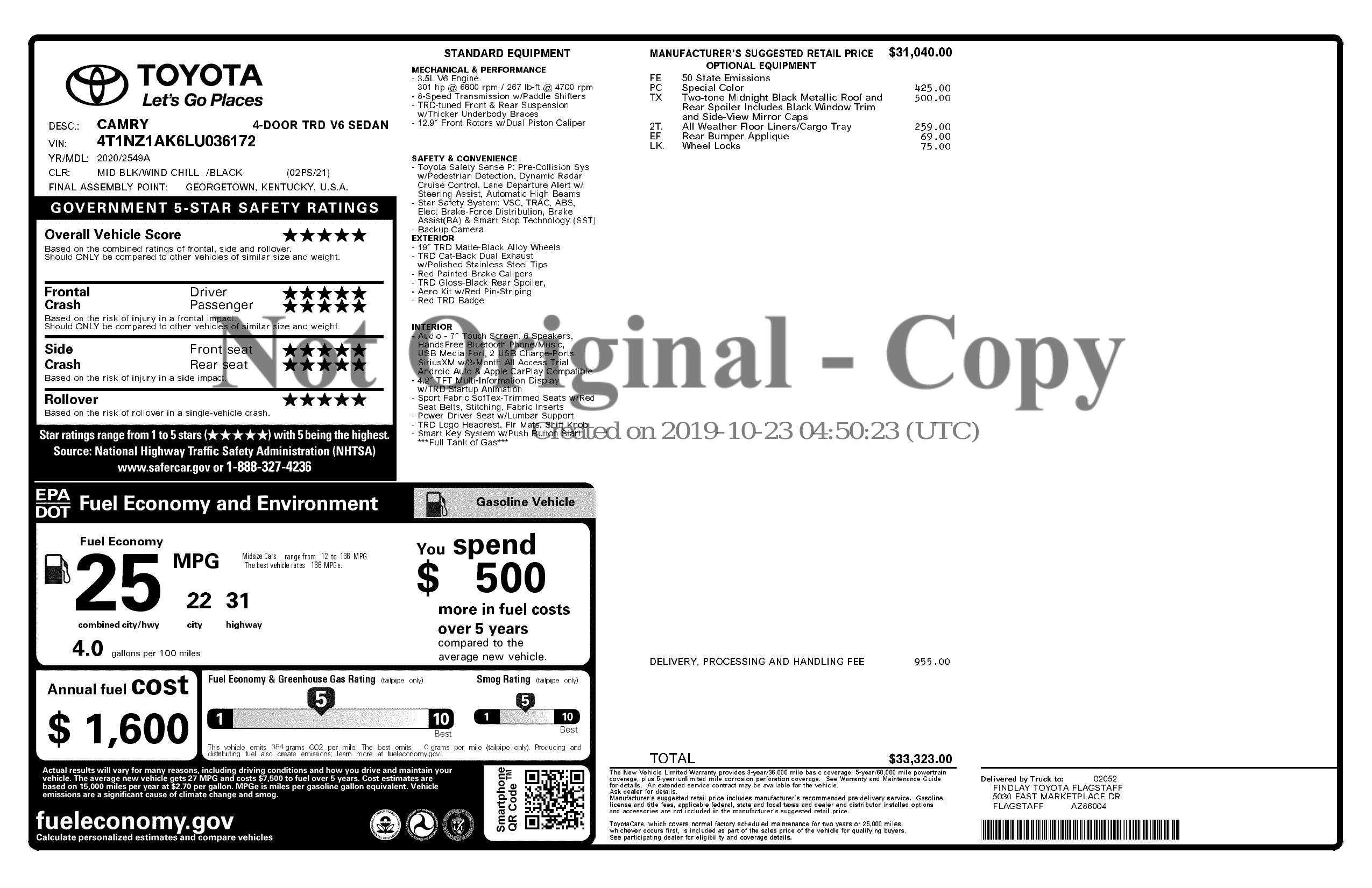 Window Sticker for 2020 Toyota Camry V6 Auto (Natl)