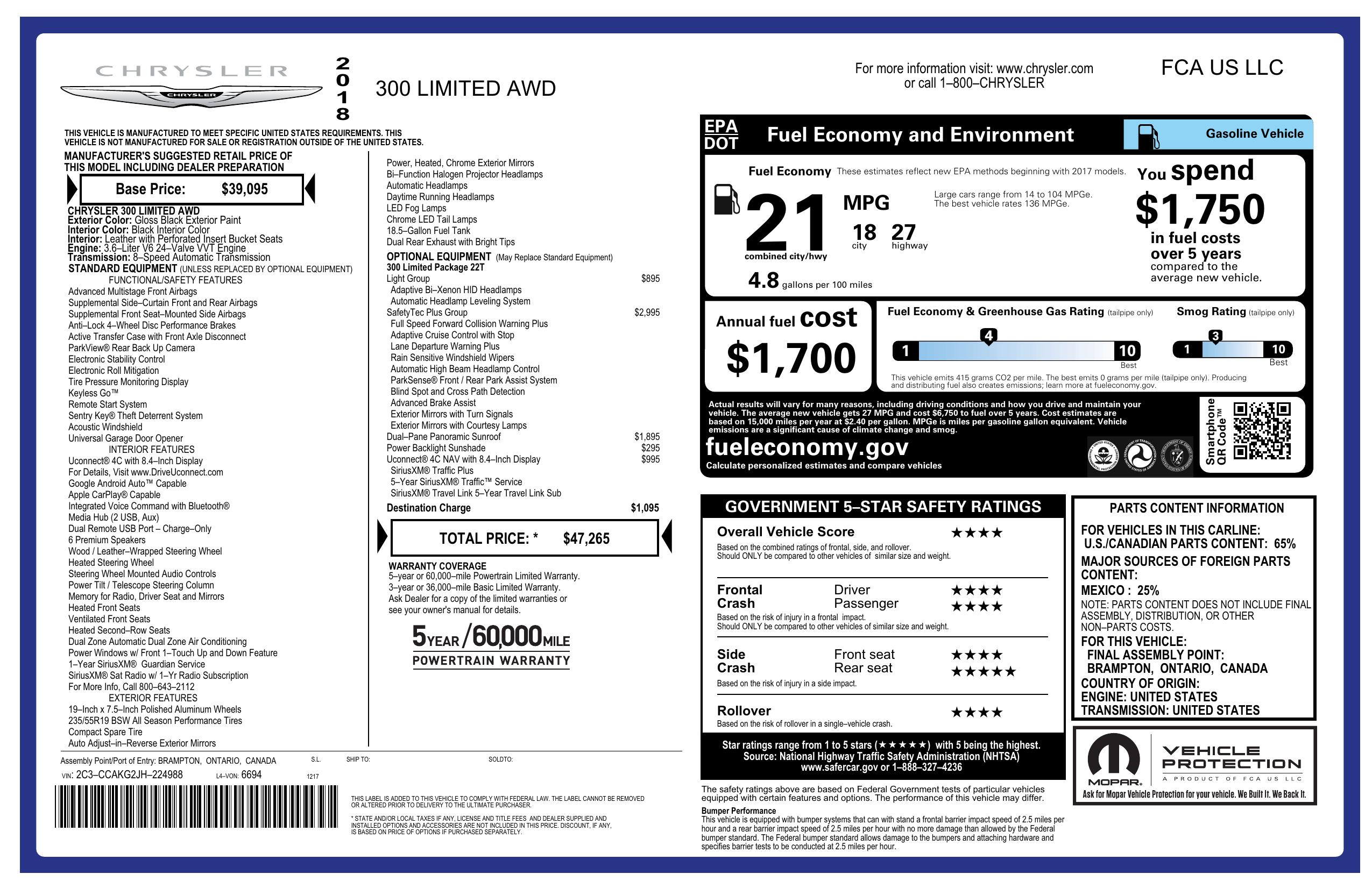Window Sticker for 2018 Chrysler 300 Limited Awd