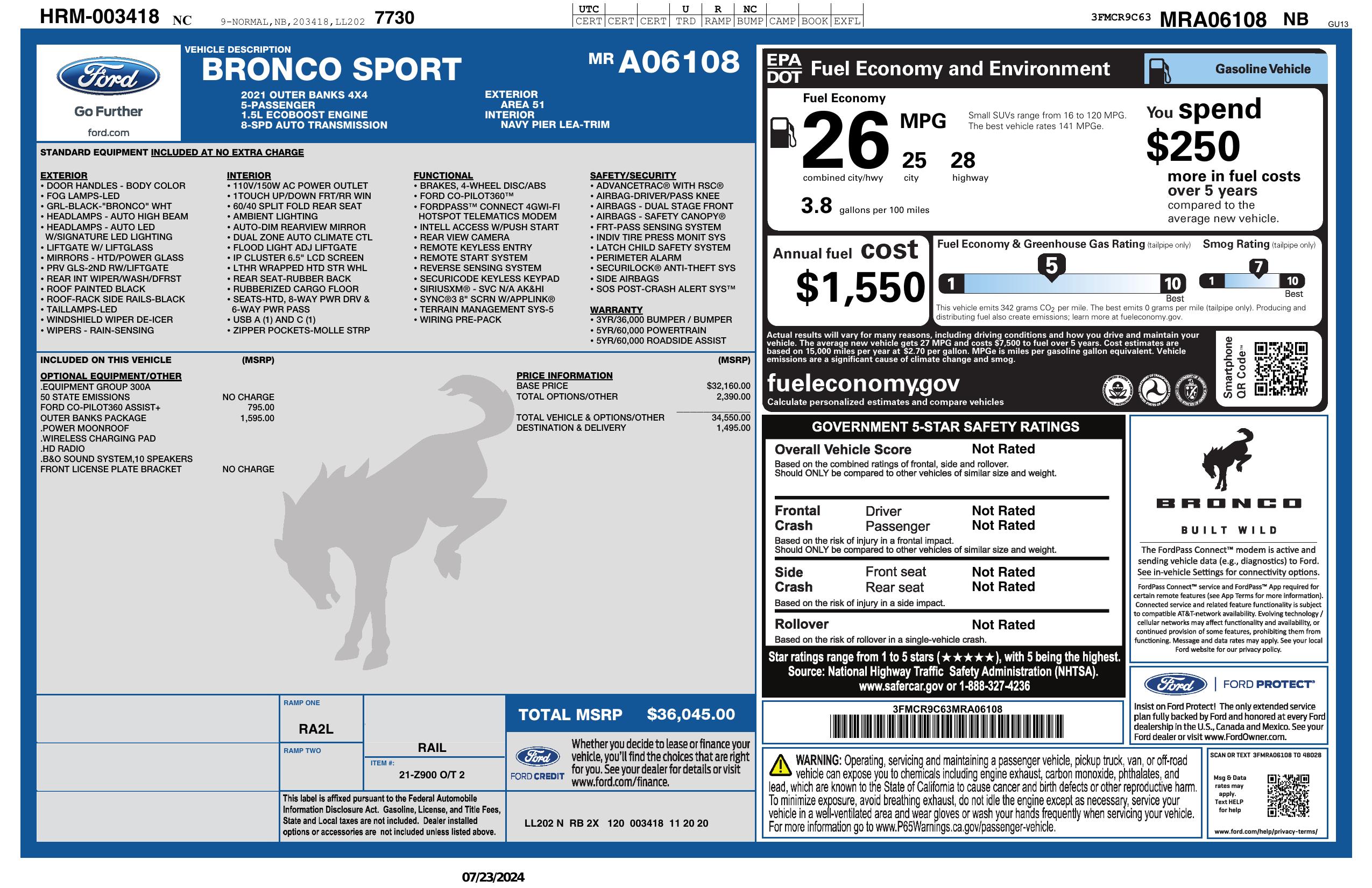 Window Sticker for 2021 Ford Bronco Sport Outer Banks 4x4