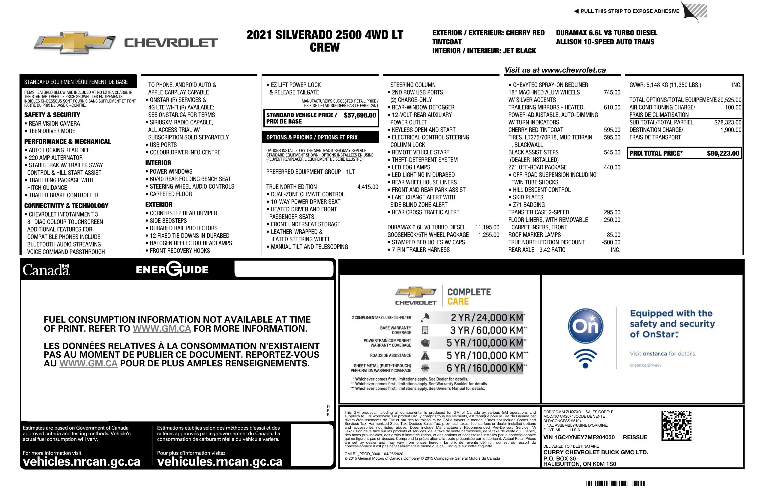 Window Sticker for 2021 Chevrolet Silverado 2500 Hd 4 Wd Crew Cab Lt