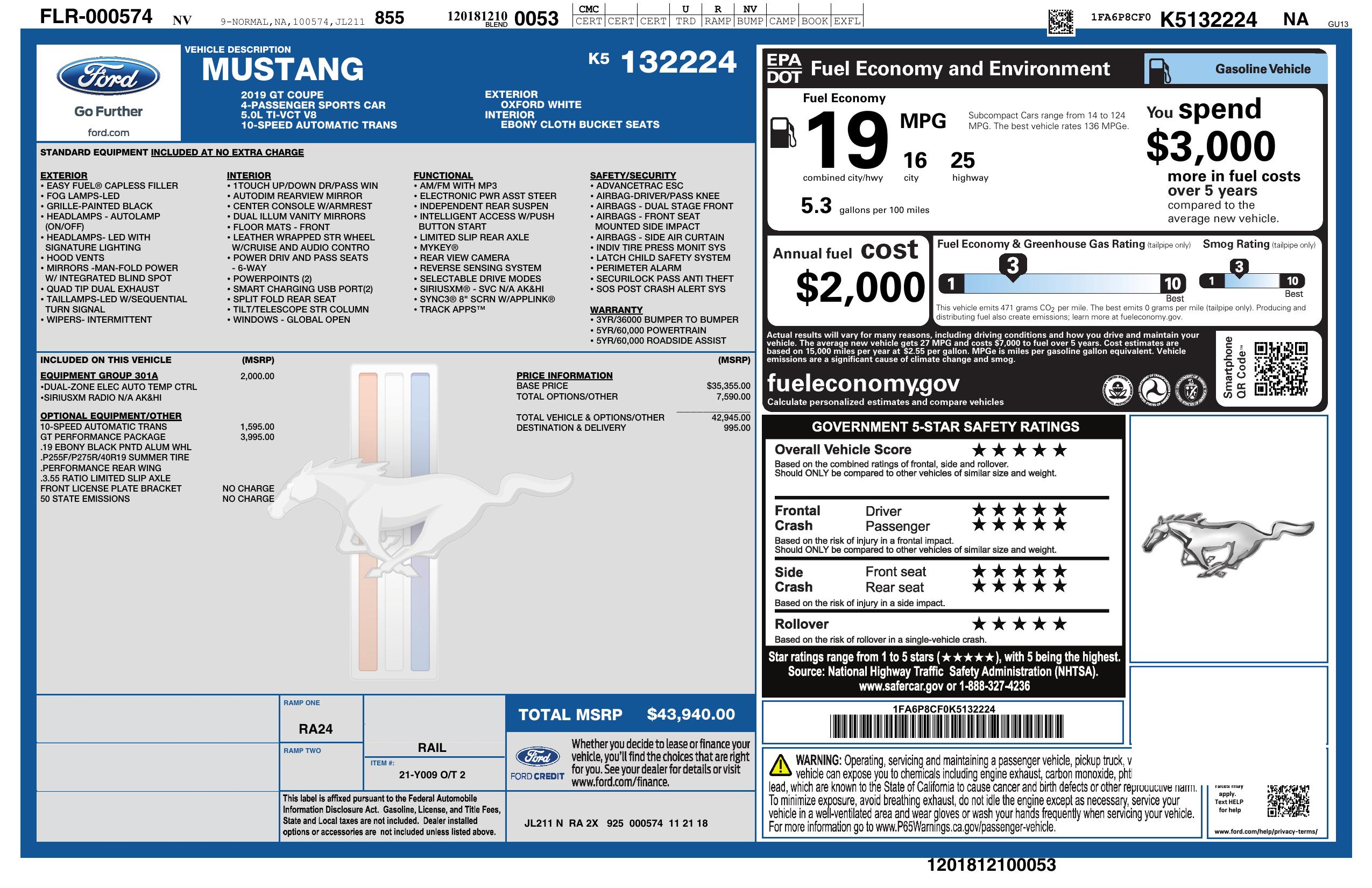 Window Sticker for 2019 Ford Mustang Gt Fastback