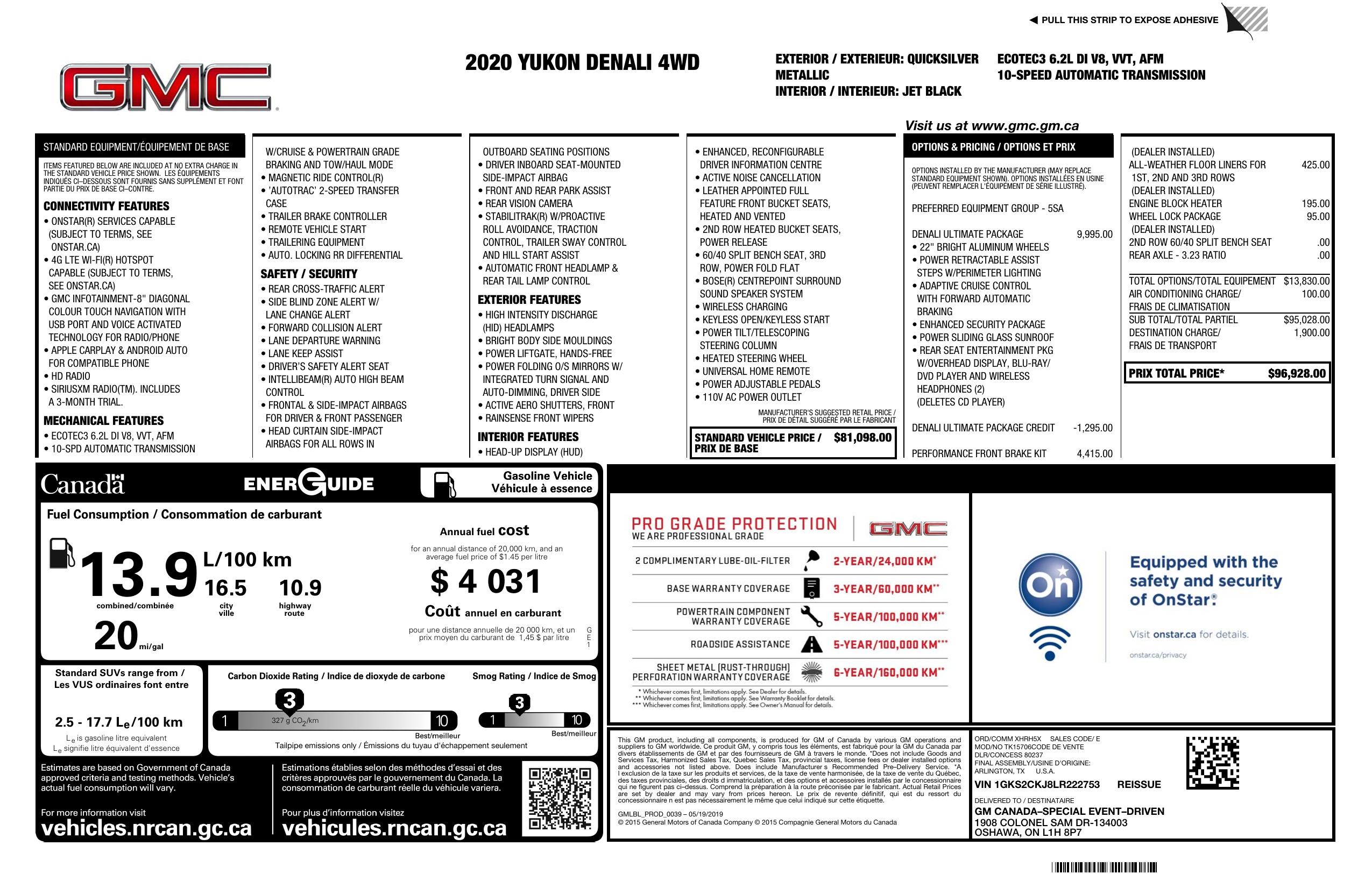 Window Sticker for 2020 GMC Yukon 4 Wd 4dr Denali