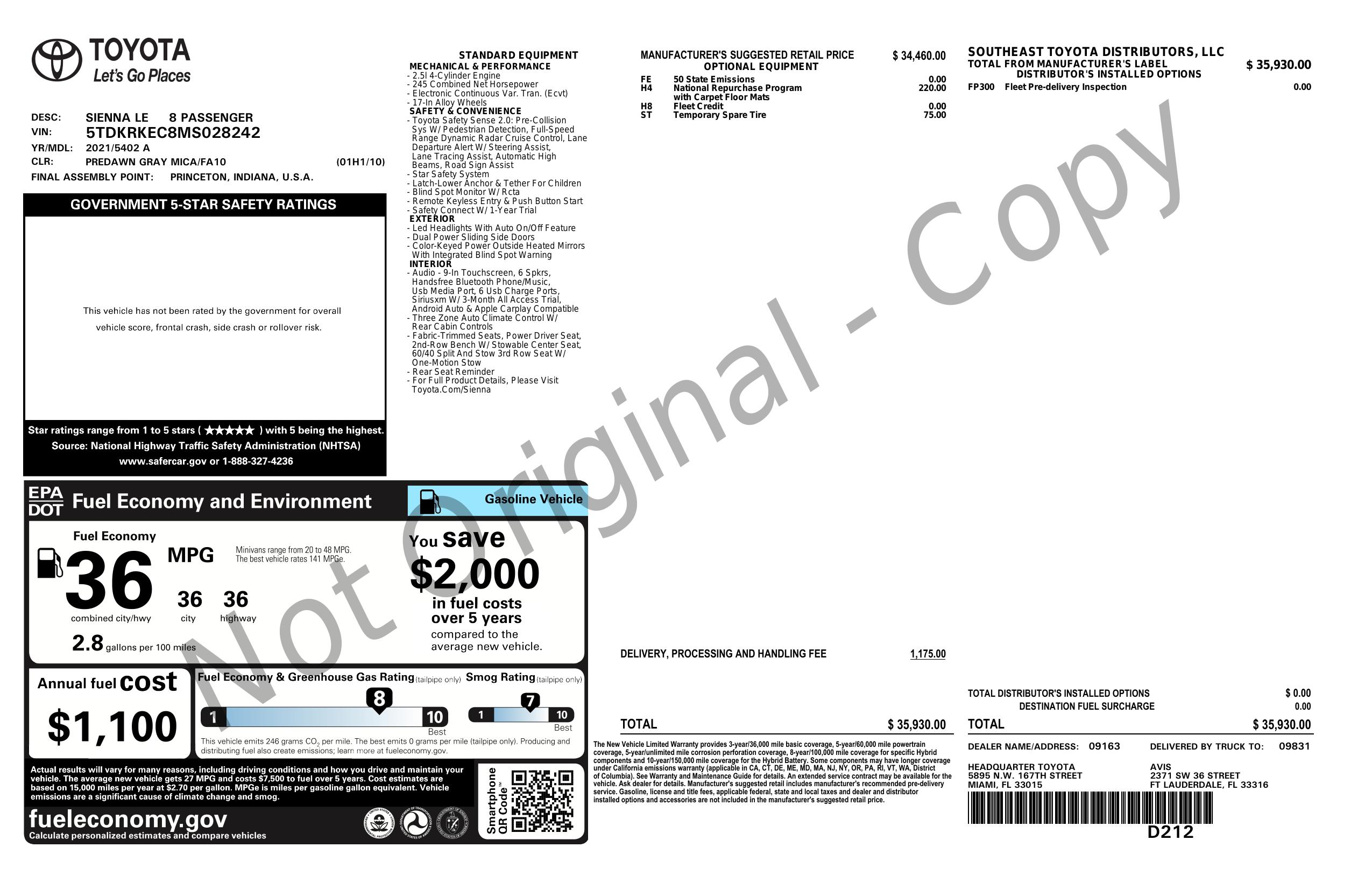 Window Sticker for 2021 Toyota Sienna Le Fwd 8 Passenger (Natl)