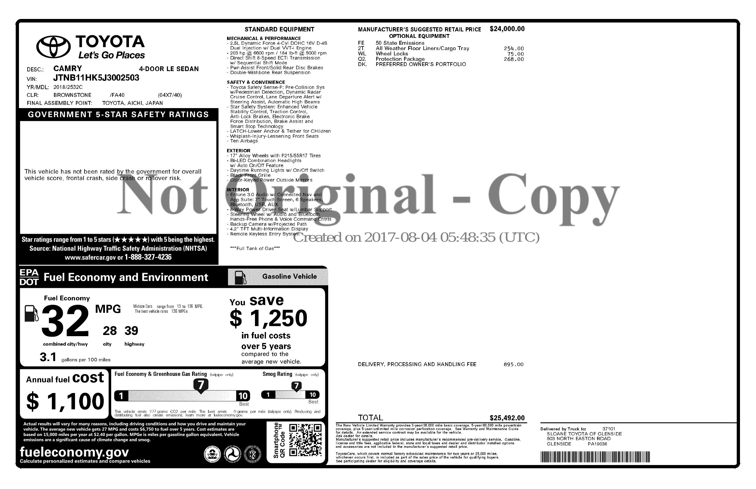 Window Sticker for 2018 Toyota Camry Auto (Natl)