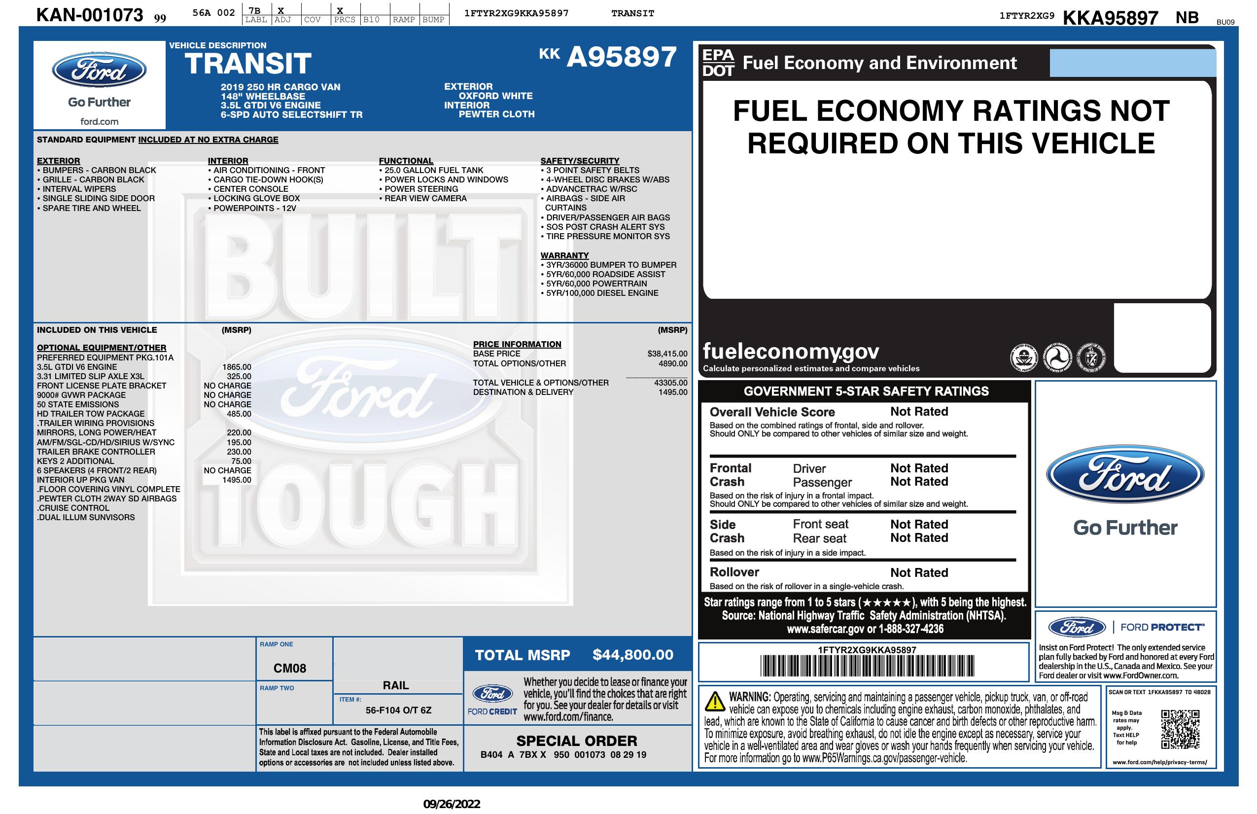 Window Sticker for 2019 Ford Transit Van T 250 148" Hi Rf 9000 Gvwr ...