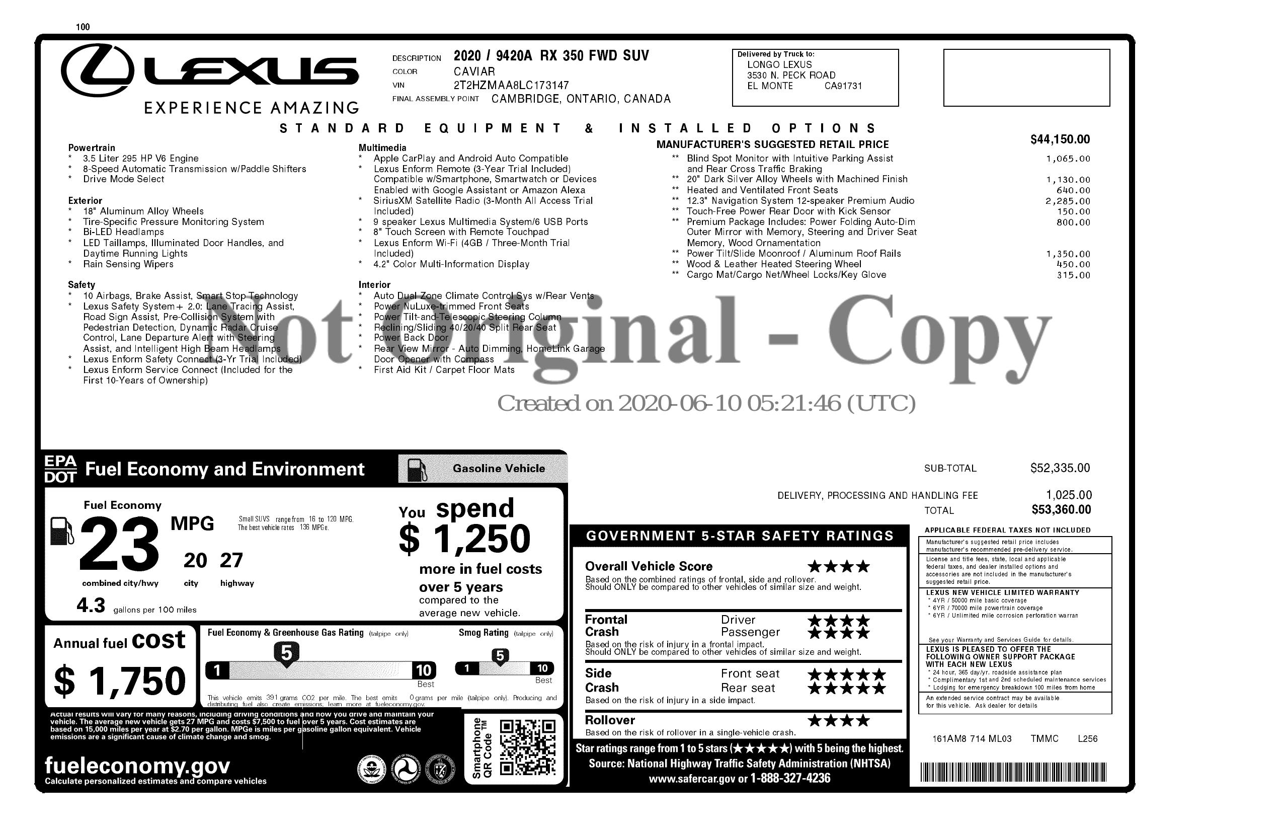 Window Sticker for 2020 Lexus Rx Rx 350 Fwd