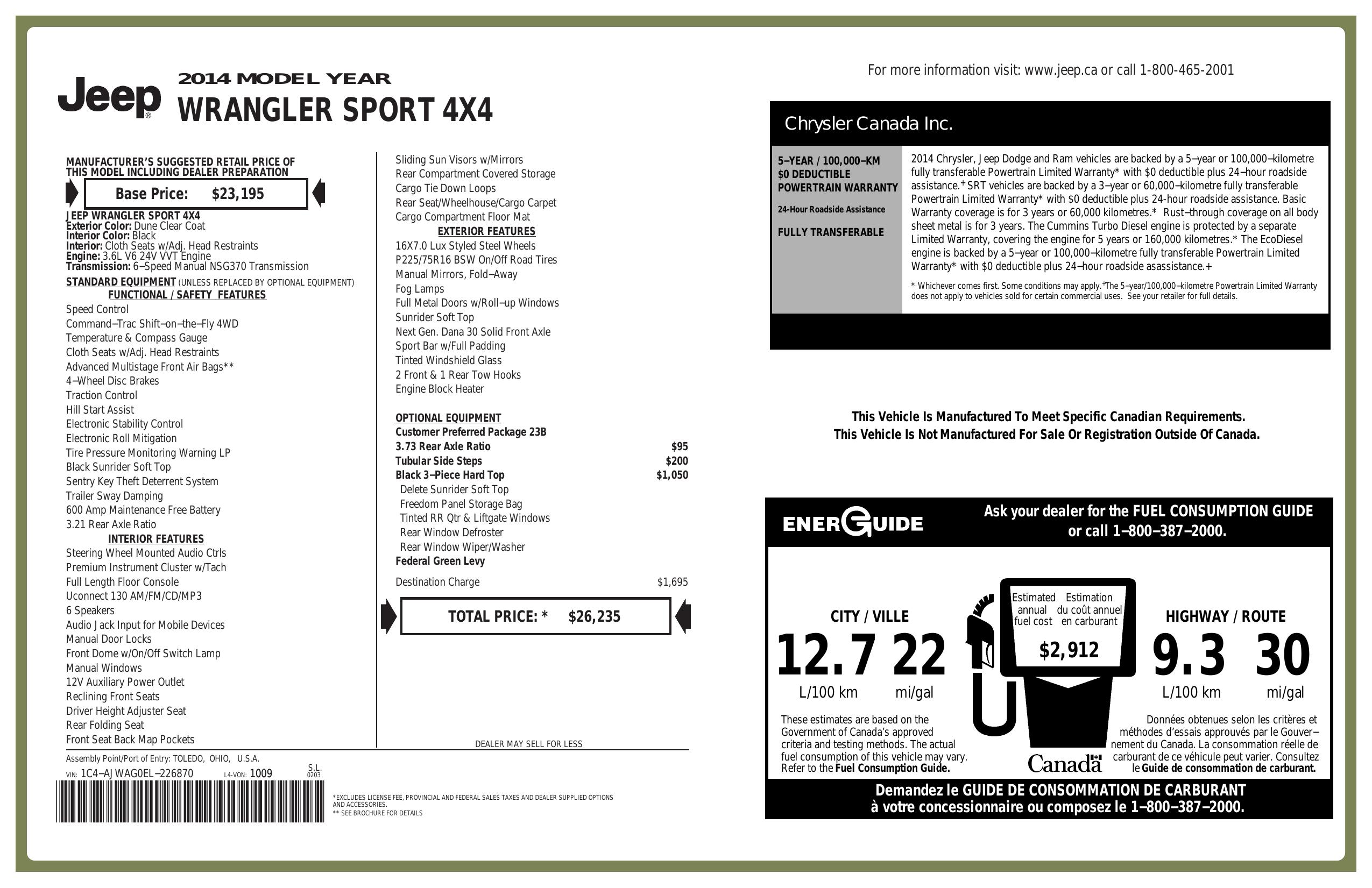 Window Sticker for 2014 Jeep Wrangler 4 Wd 2dr Sport