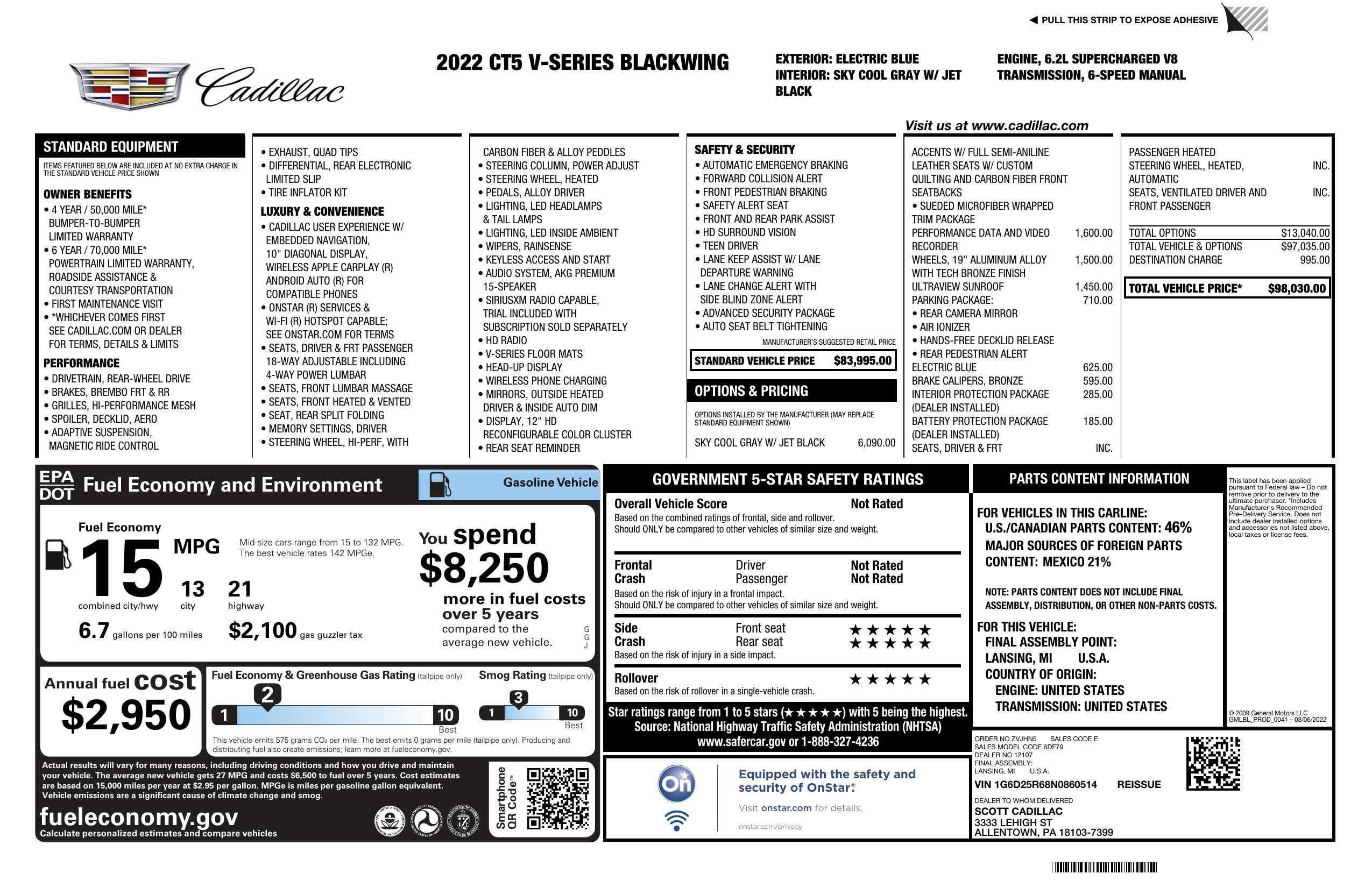 Window Sticker for 2022 Cadillac Ct5 V 4dr Sdn Blackwing