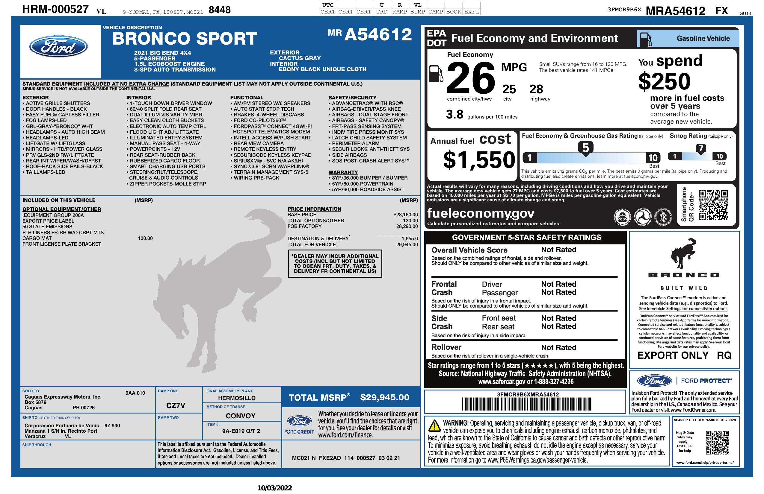 Window Sticker for 2021 Ford Bronco Sport Big Bend 4x4