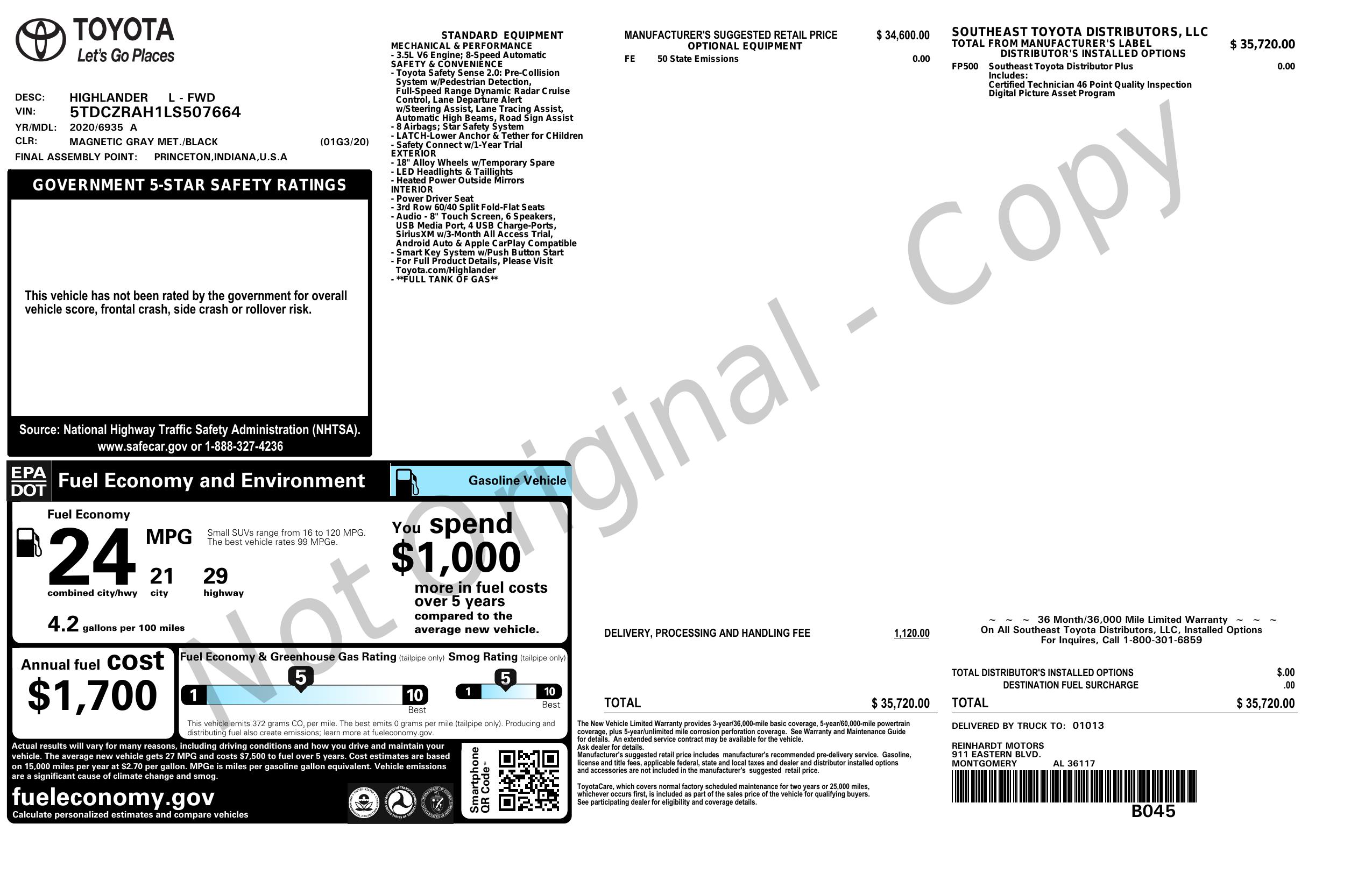 Window Sticker for 2020 Toyota Highlander L Fwd (Natl)