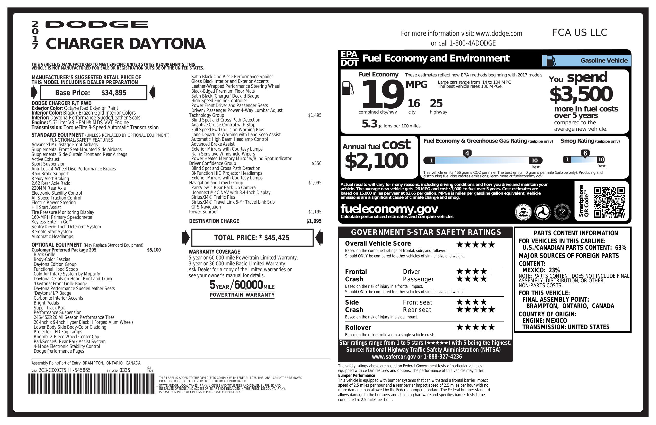 Window Sticker for 2017 Dodge Charger Daytona 340 Rwd