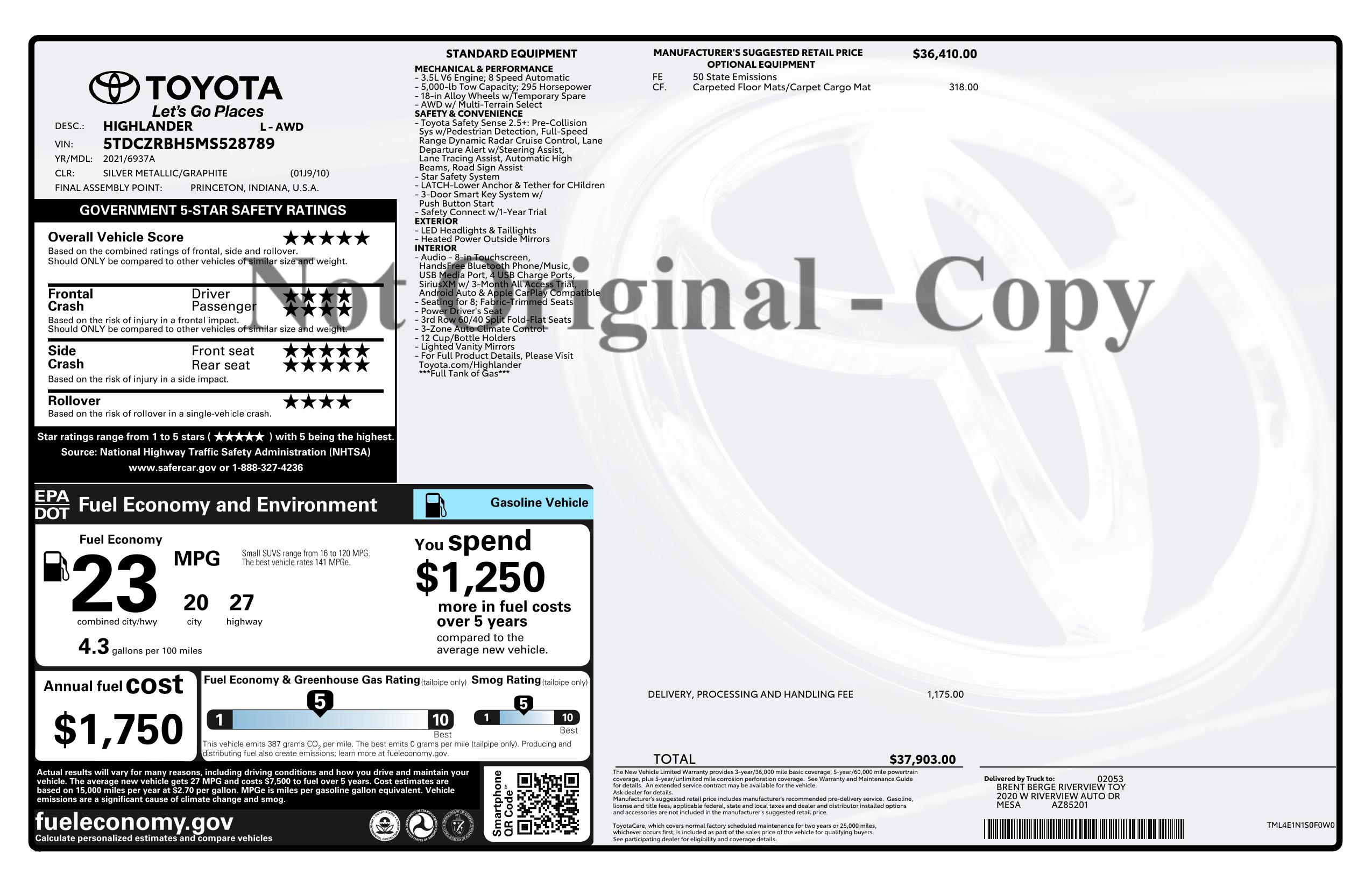 Window Sticker for 2021 Toyota Highlander L Awd (Natl)